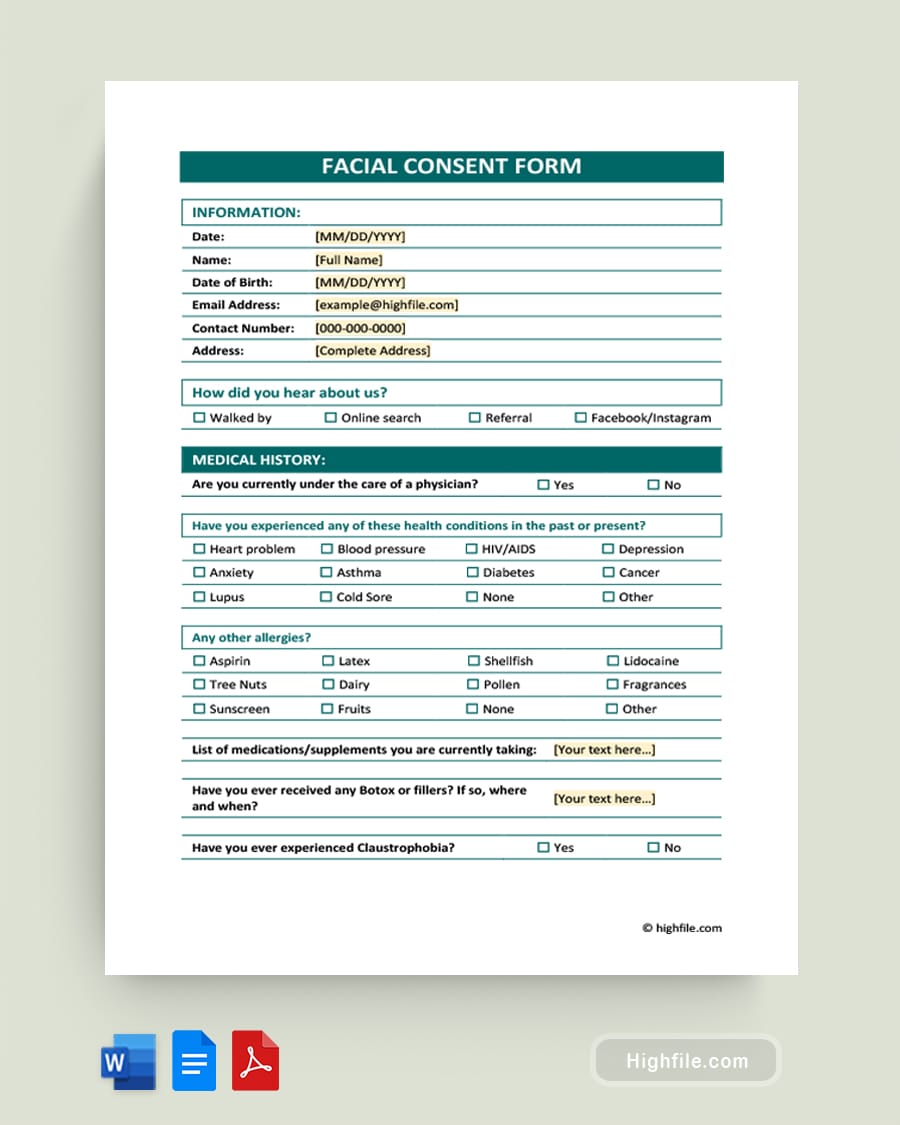 Facial Consent Form Template - Word | PDF | Google Docs
