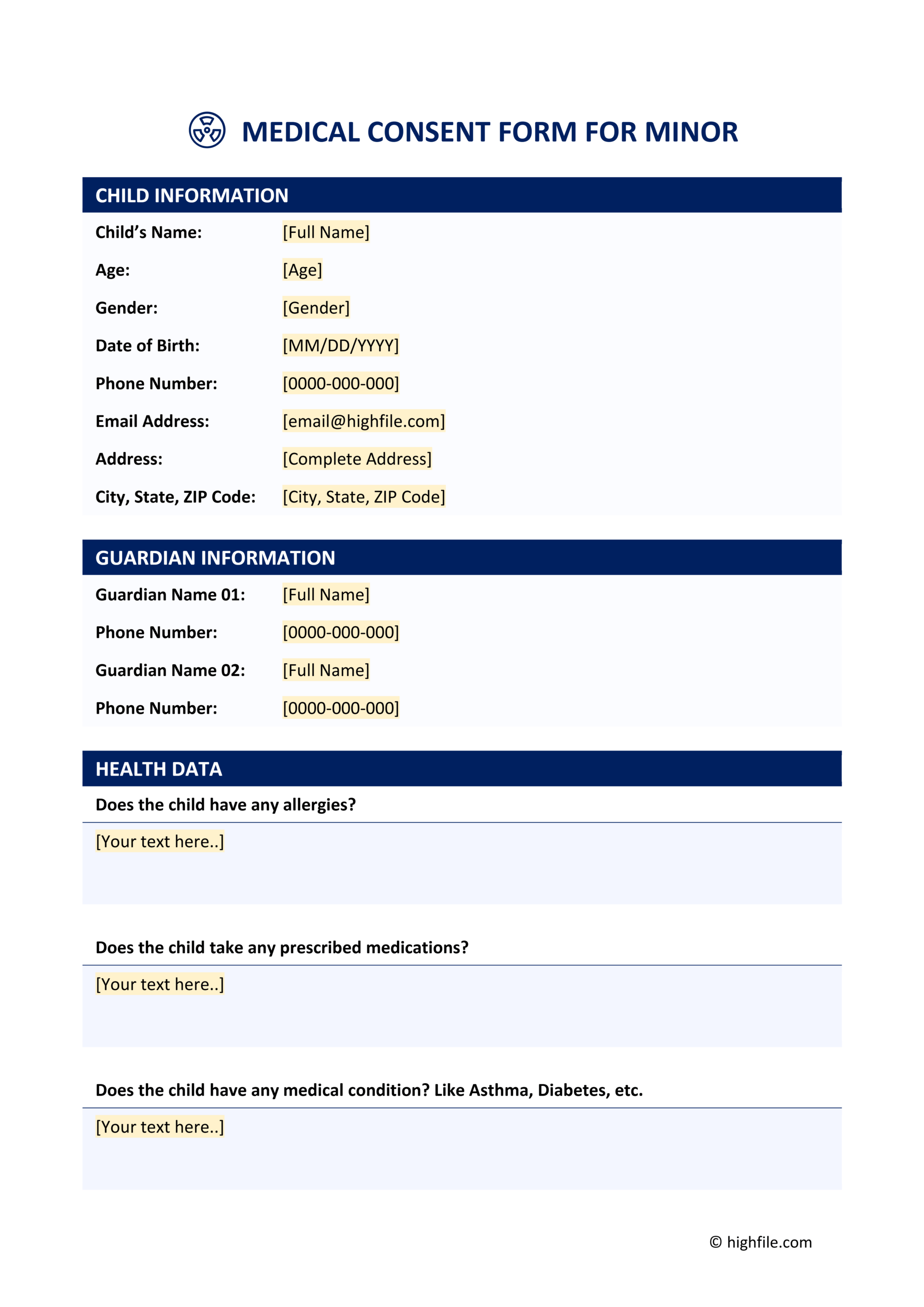 Medical Consent Form for Minor - Word | PDF - Highfile.com
