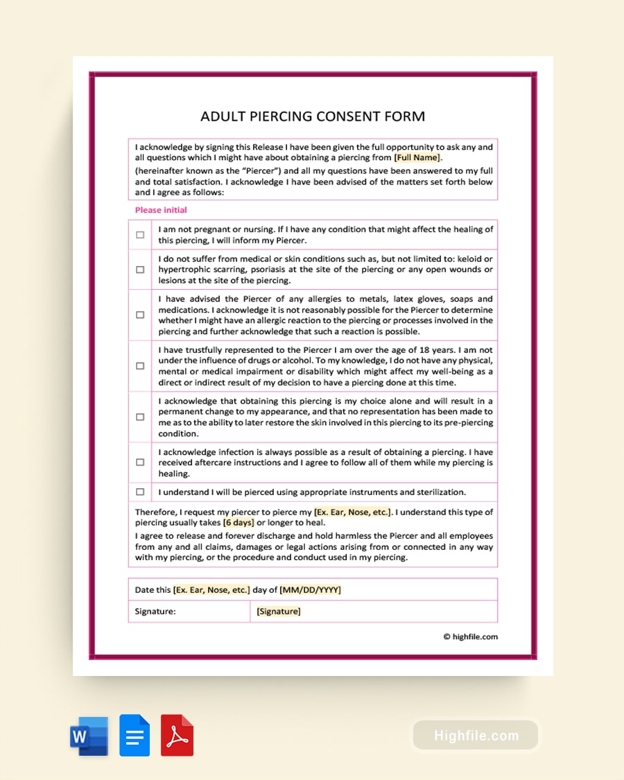 Free Piercing Consent Form - Word | PDF | Google Docs - Highfile Free Piercing Consent Form - Word | PDF | Google Docs - Highfile