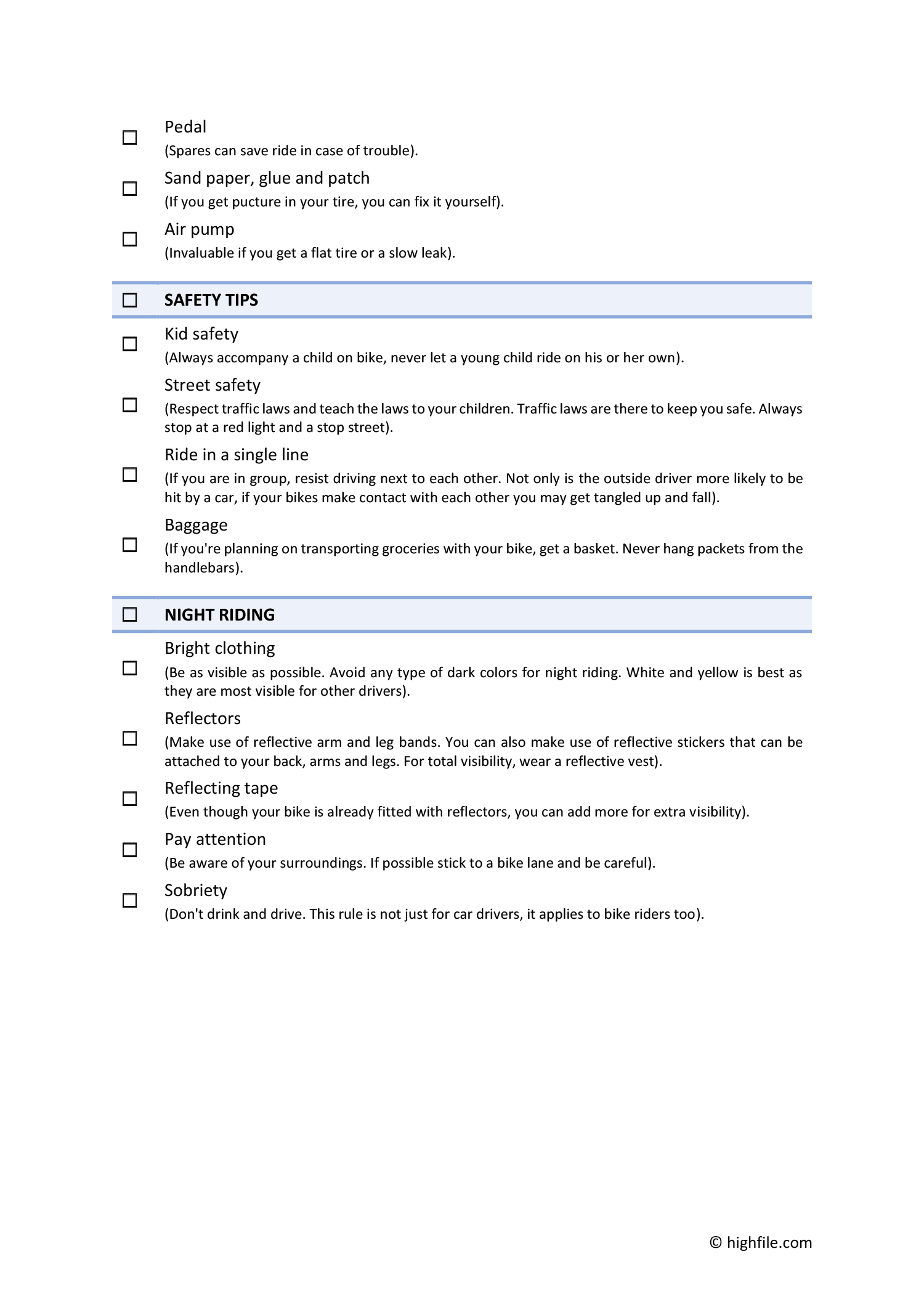 Free Bike Safety Checklist Template - Word | PDF | Google Docs