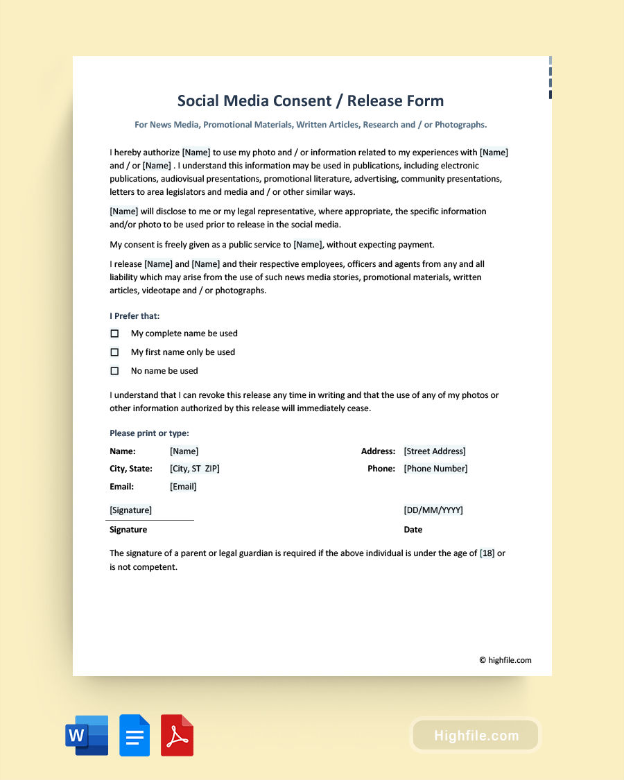 Social Media Consent Form - Word | PDF | Google Docs - Highfile Social Media Consent Form - Word | PDF | Google Docs - Highfile