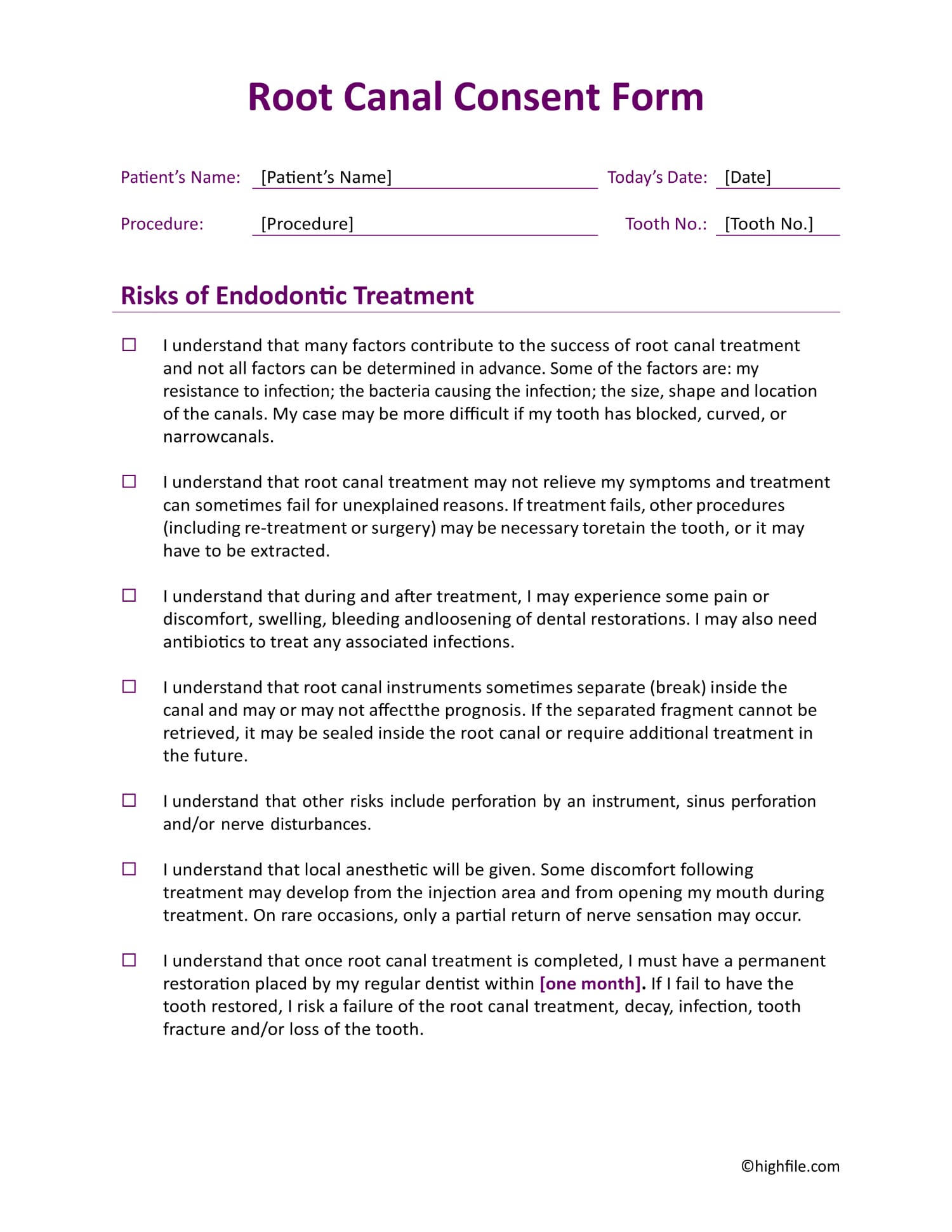 Root Canal Consent Form - Word | PDF | Google Docs - Highfile