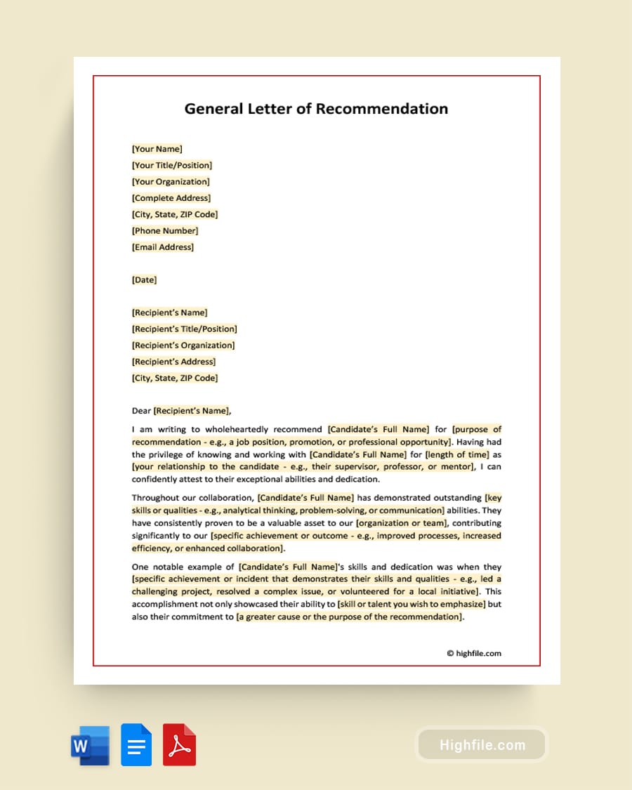 General Letter of Recommendation - Word | PDF | Google Docs - Highfile