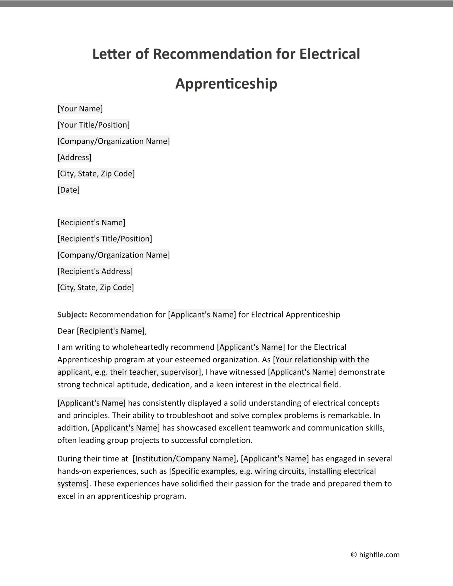 Letter of Recommendation for Electrical Apprenticeship - Highfile