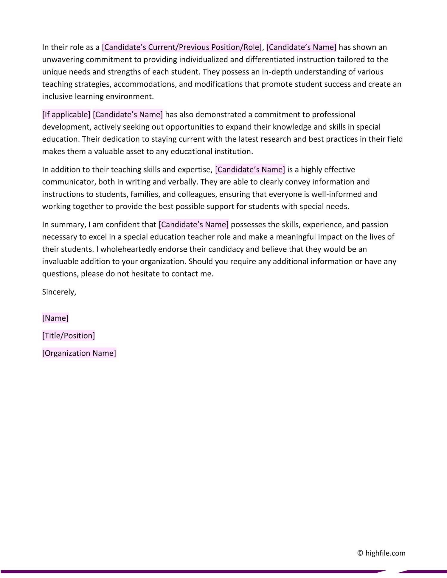 Letter of Recommendation for a Special Education Teacher - Highfile