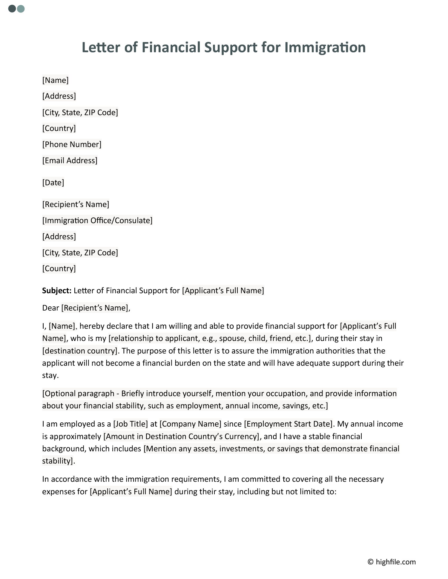 Letter of Financial Support for Immigration - Word | PDF | Google Docs