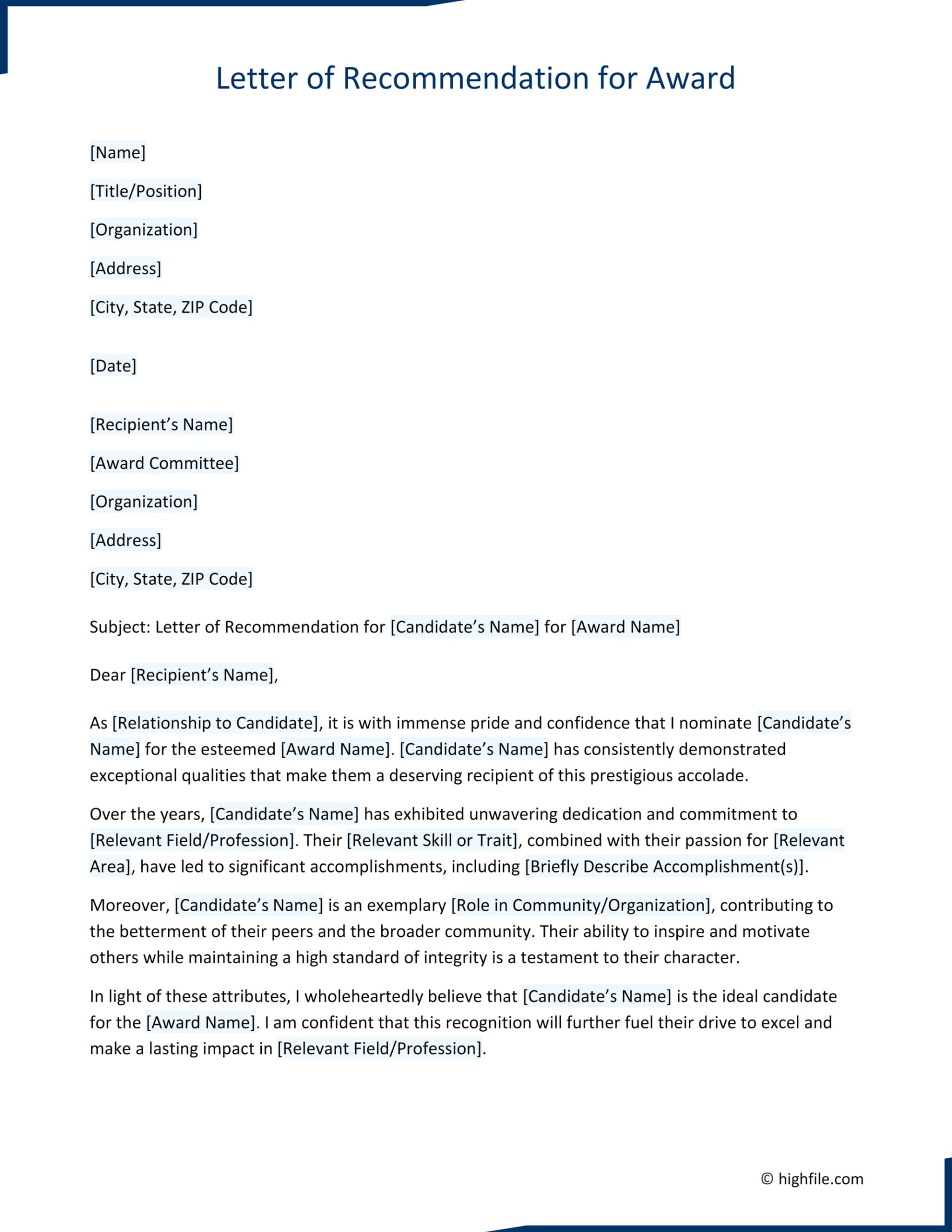 Letter of Recommendation for Award - Highfile