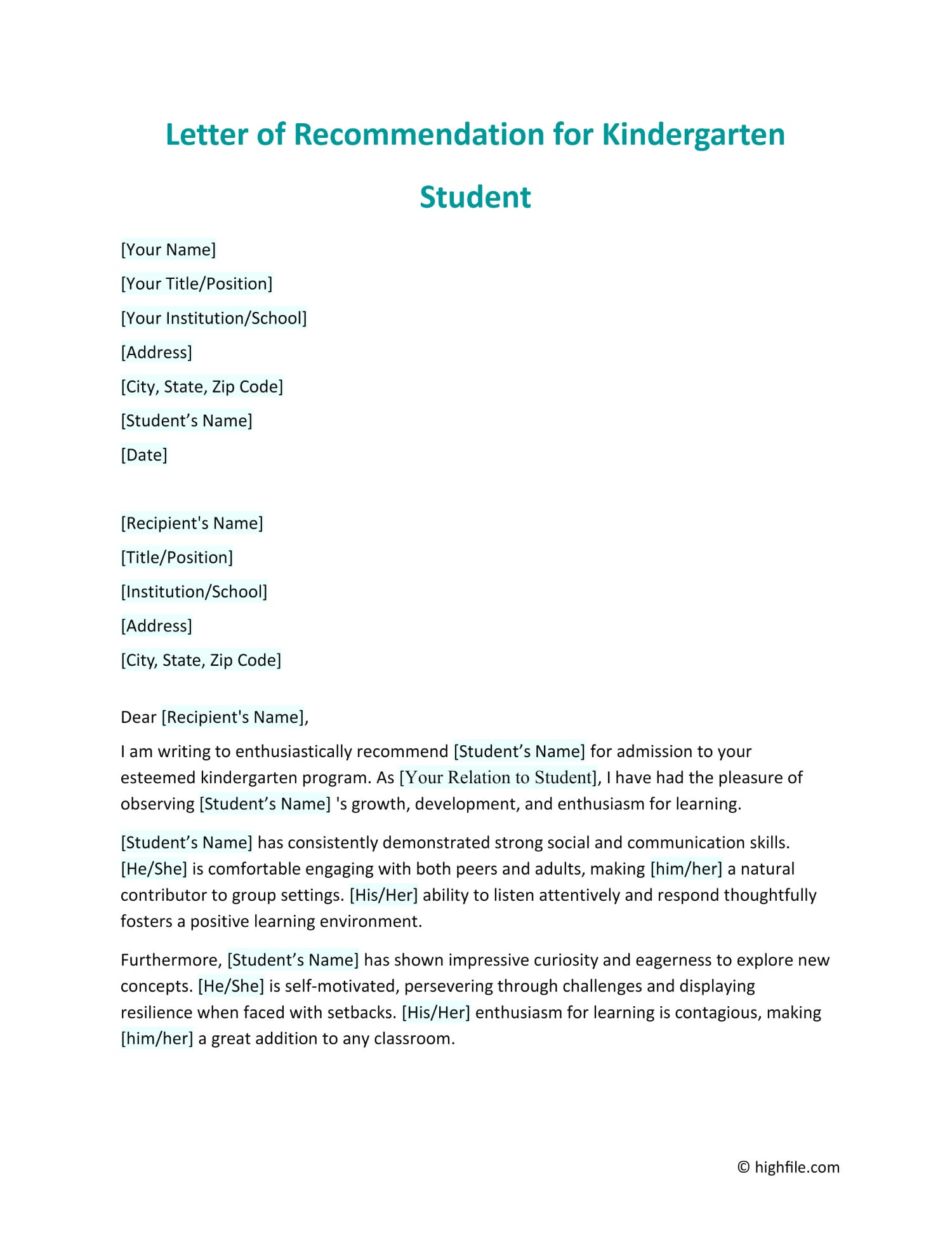 Letter of Recommendation for Kindergarten Student - Word | PDF | Google Docs
