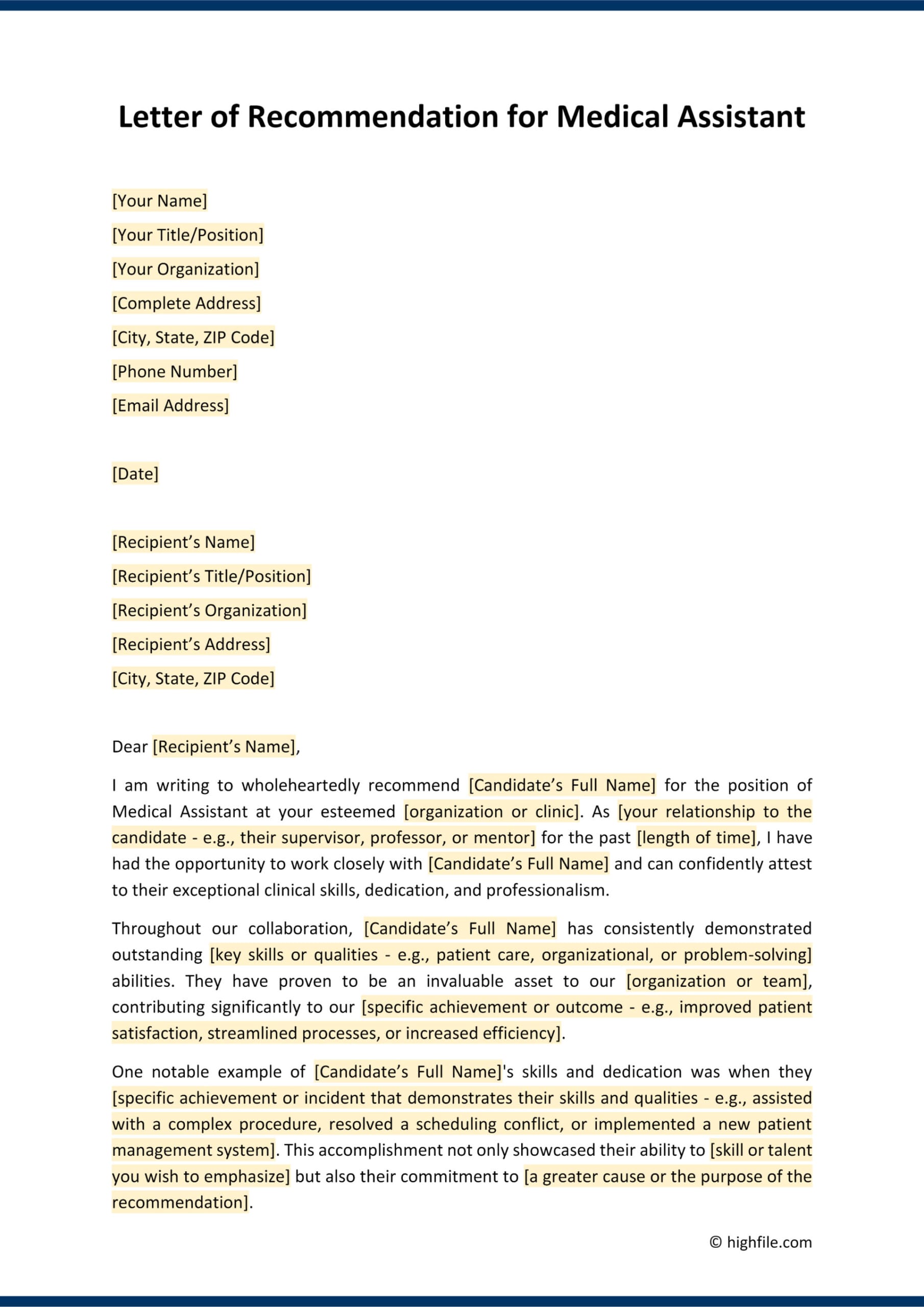 Letter of Recommendation for Medical Assistant - Highfile