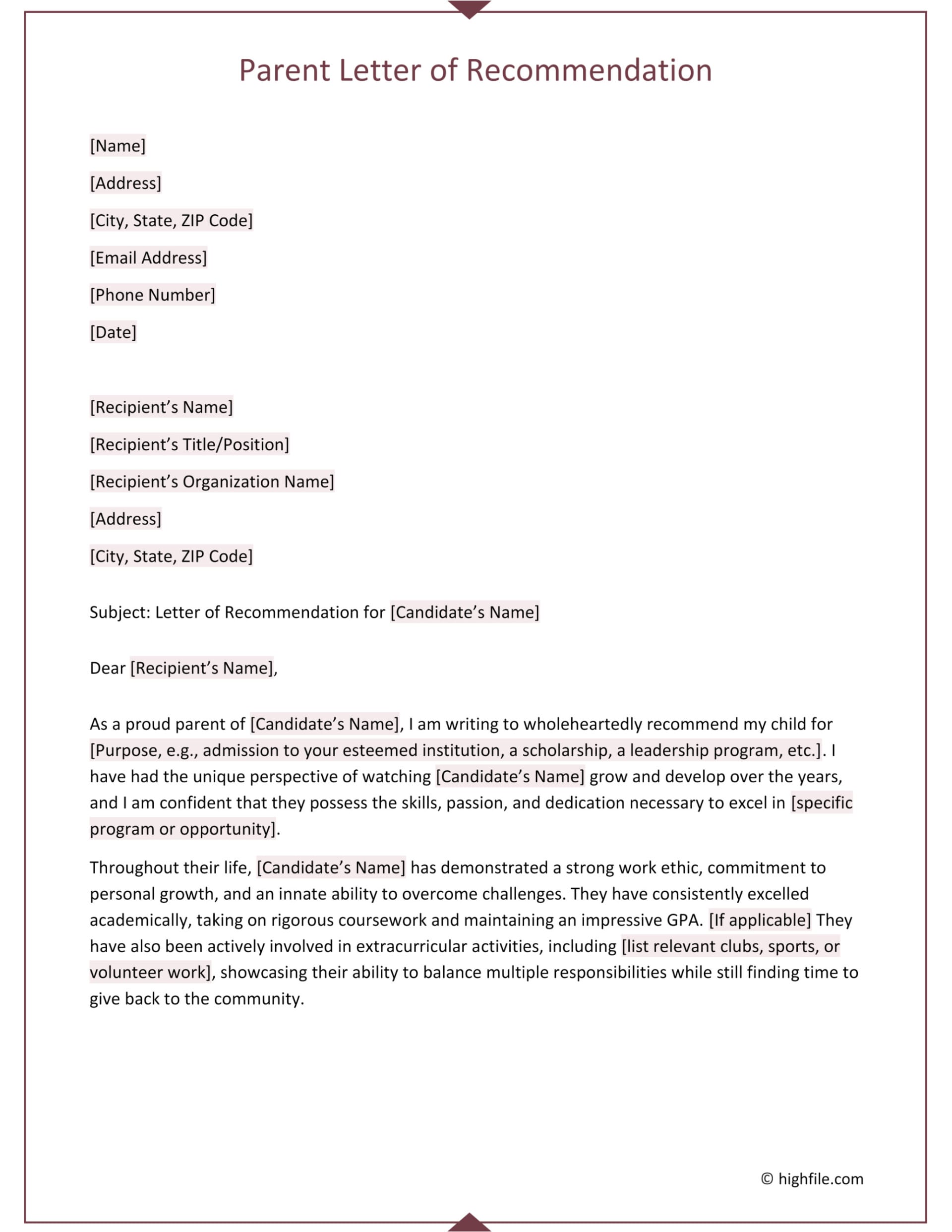 Parent Letter of Recommendation - Word | PDF | Google Docs - Highfile