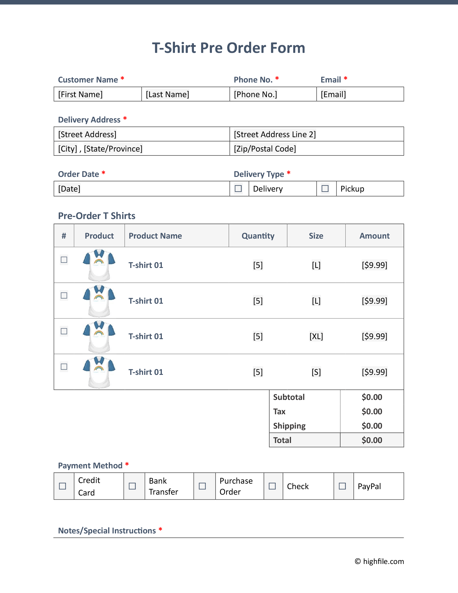 Free T Shirt Order Form Templates Highfile