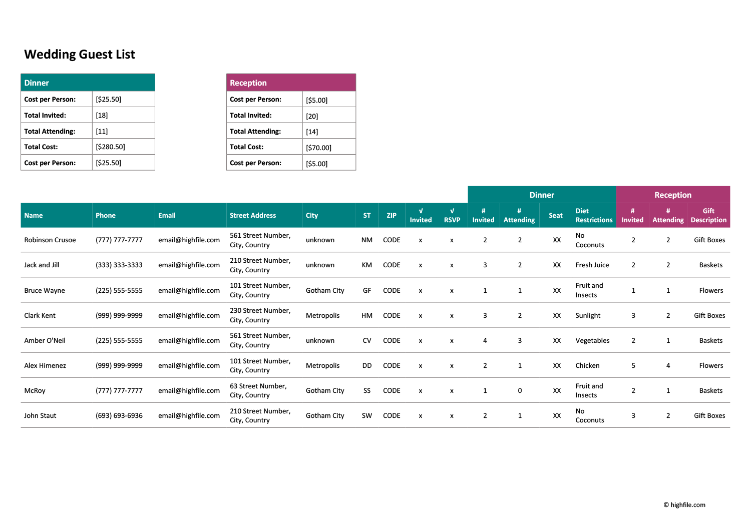 Free Wedding Guest List Template - Excel, Word, PDF, Sheets and Google Docs