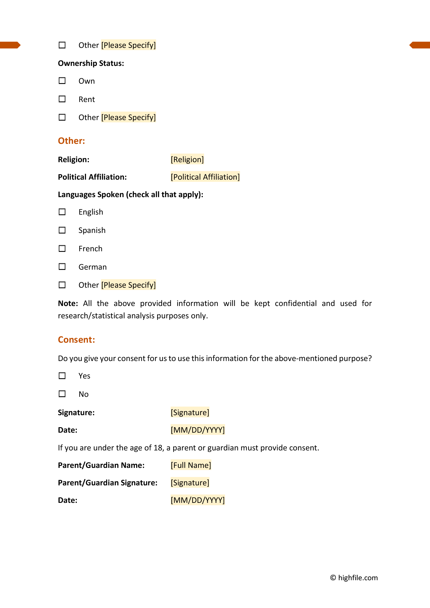 Demographic Questionnaire Template - Word | PDF | Google Docs - Highfile