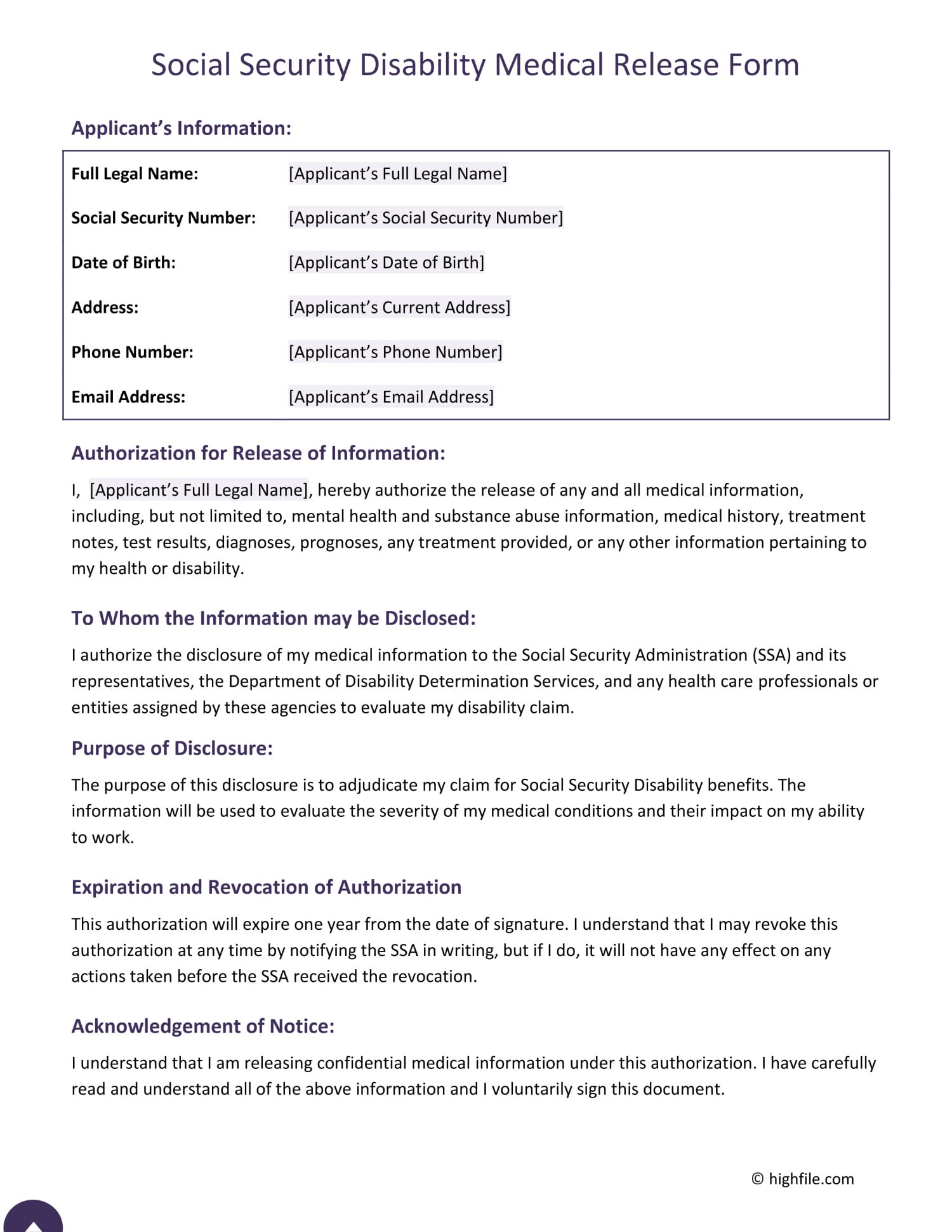 Social Security Disability Medical Release Form - Google Docs | Word ...