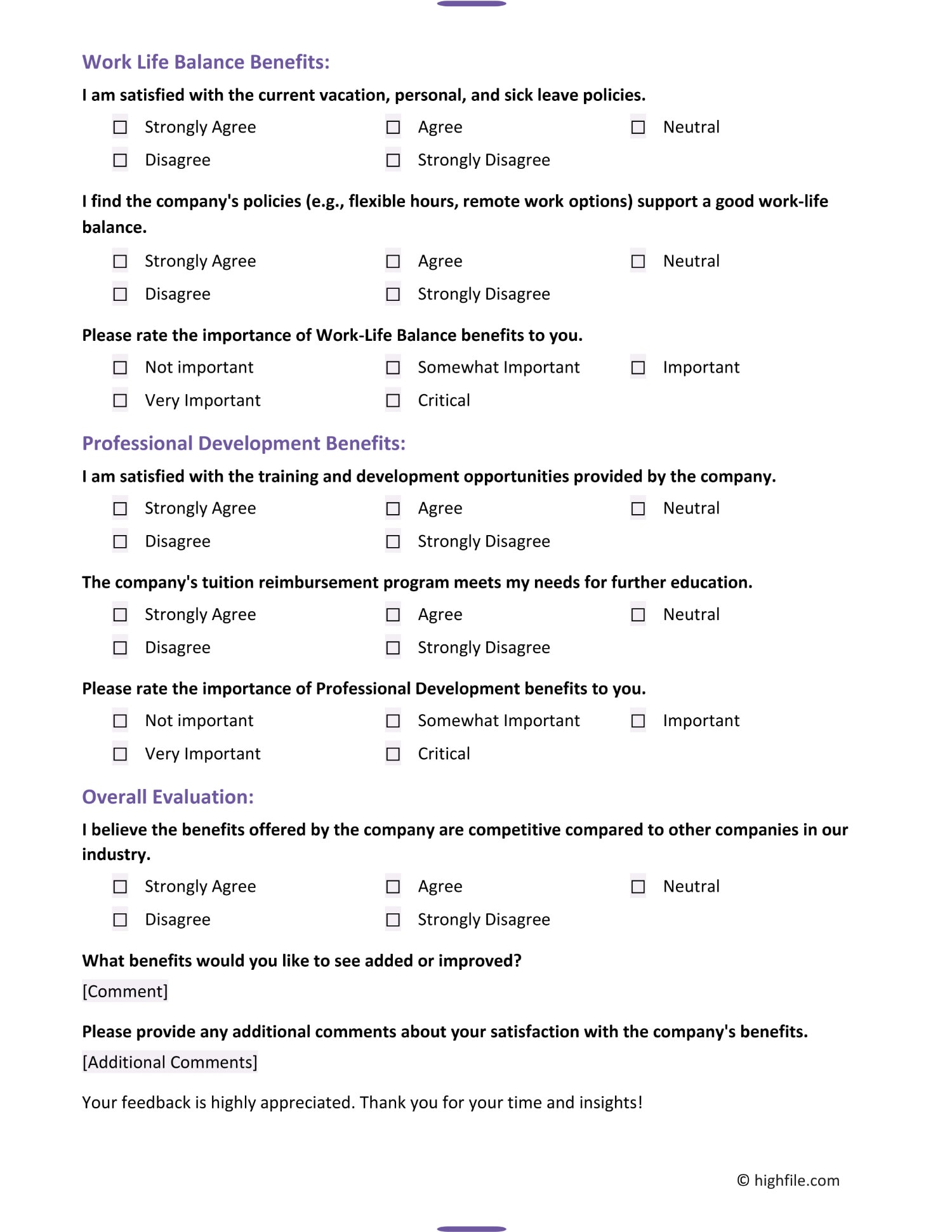 Employee Benefits Survey Template - Word | PDF | Google Docs - Highfile Employee Benefits Survey Template - Word | PDF | Google Docs - Highfile