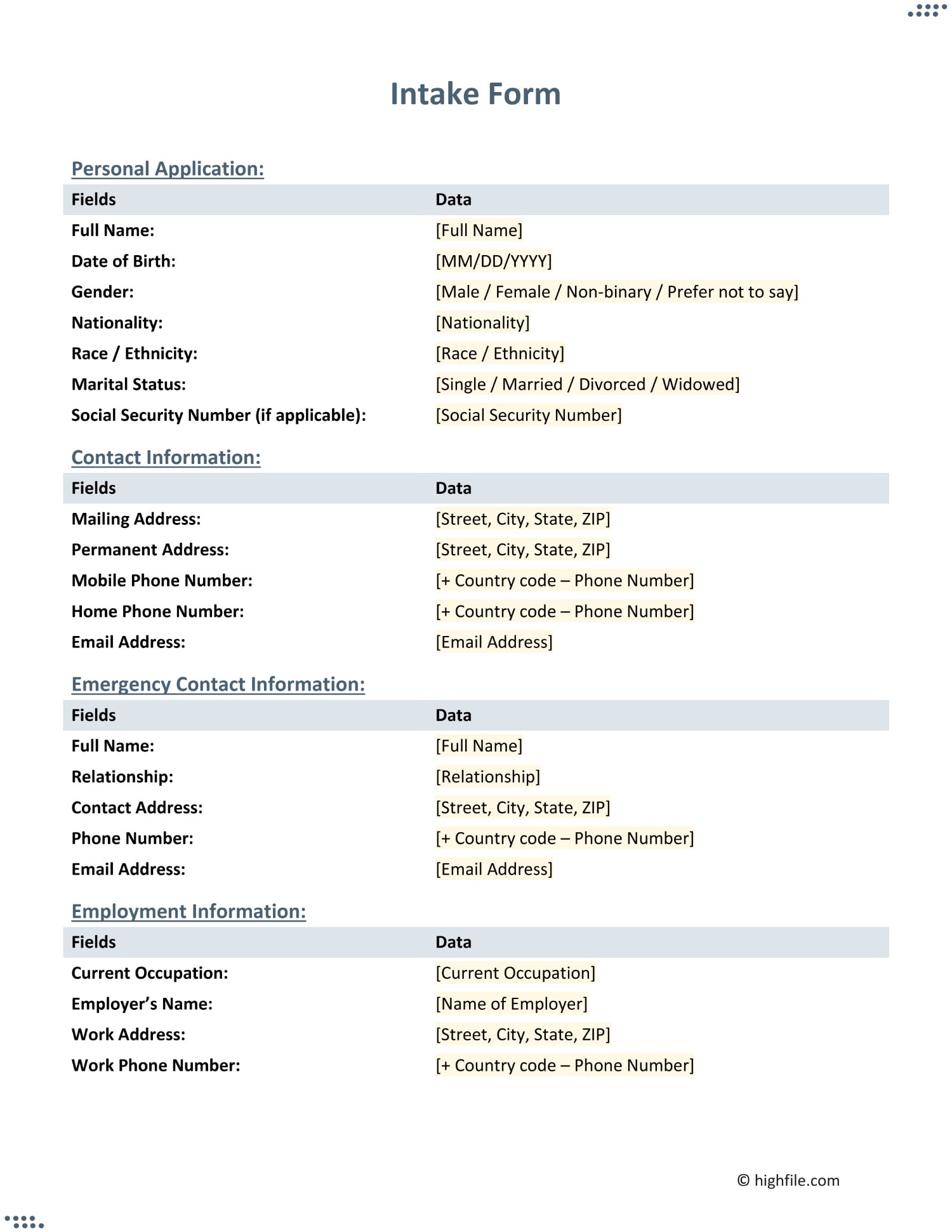 Fillable Intake Form - Word | PDF | Google Docs - Highfile Fillable Intake Form - Word | PDF | Google Docs - Highfile