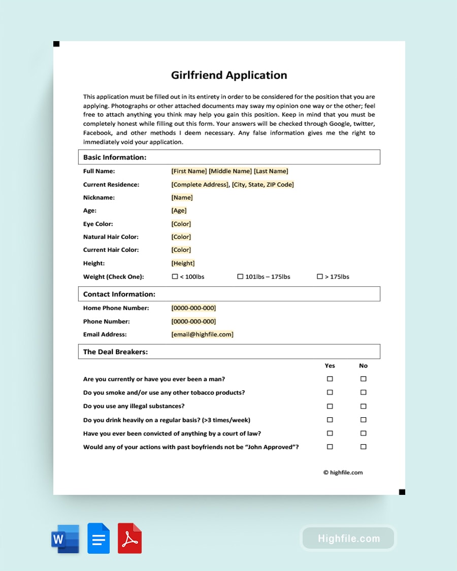 Girlfriend Application Form - Word | PDF | Google Docs - Highfile Girlfriend Application Form - Word | PDF | Google Docs - Highfile