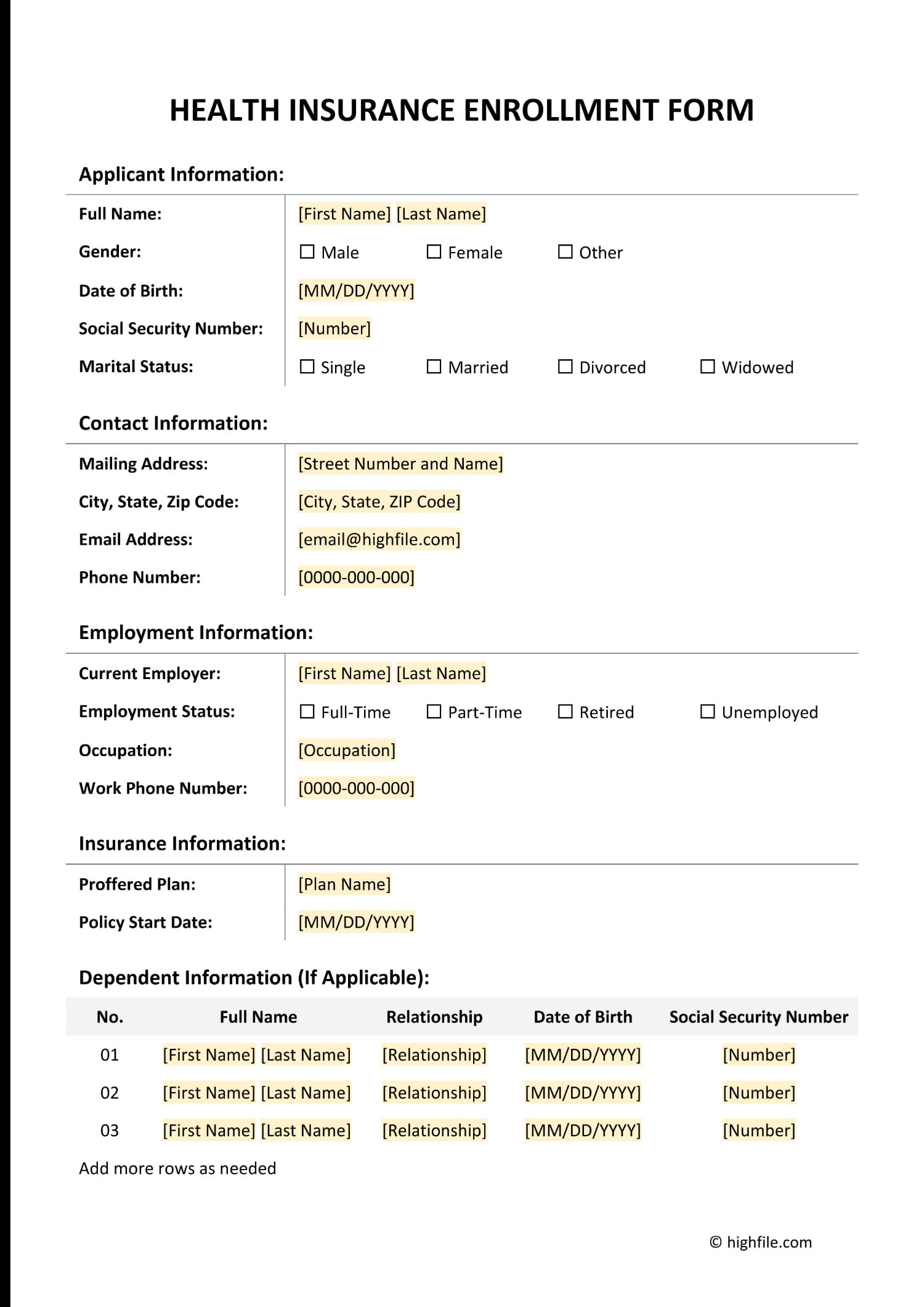 Health Insurance Enrollment Form - Word | PDF | Google Docs - Highfile