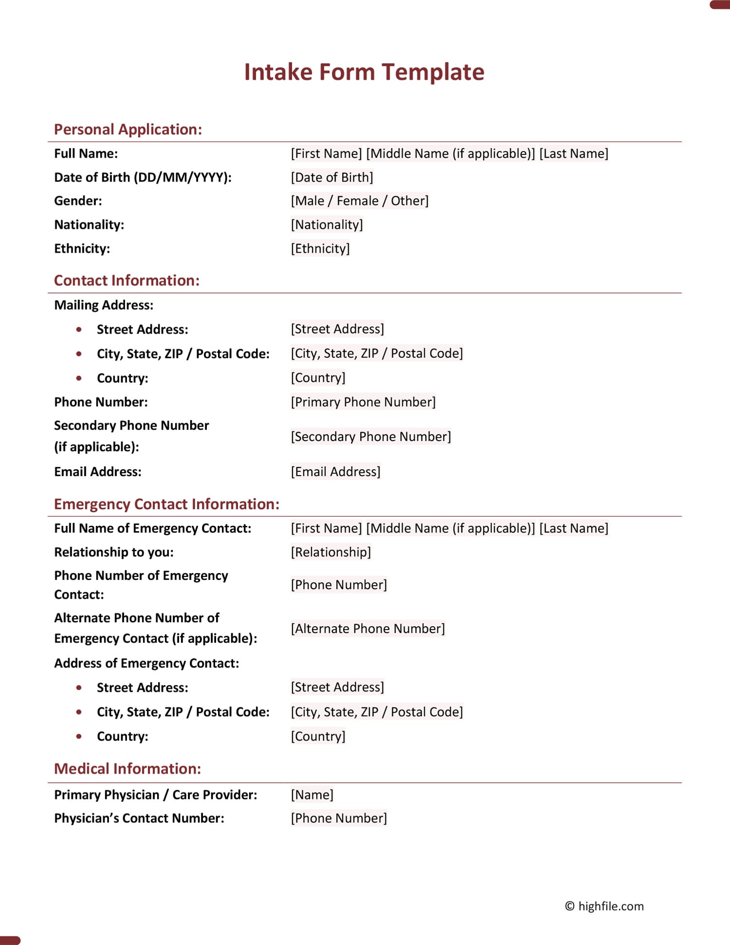 Intake Form Template - Word | PDF | Google Docs - Highfile