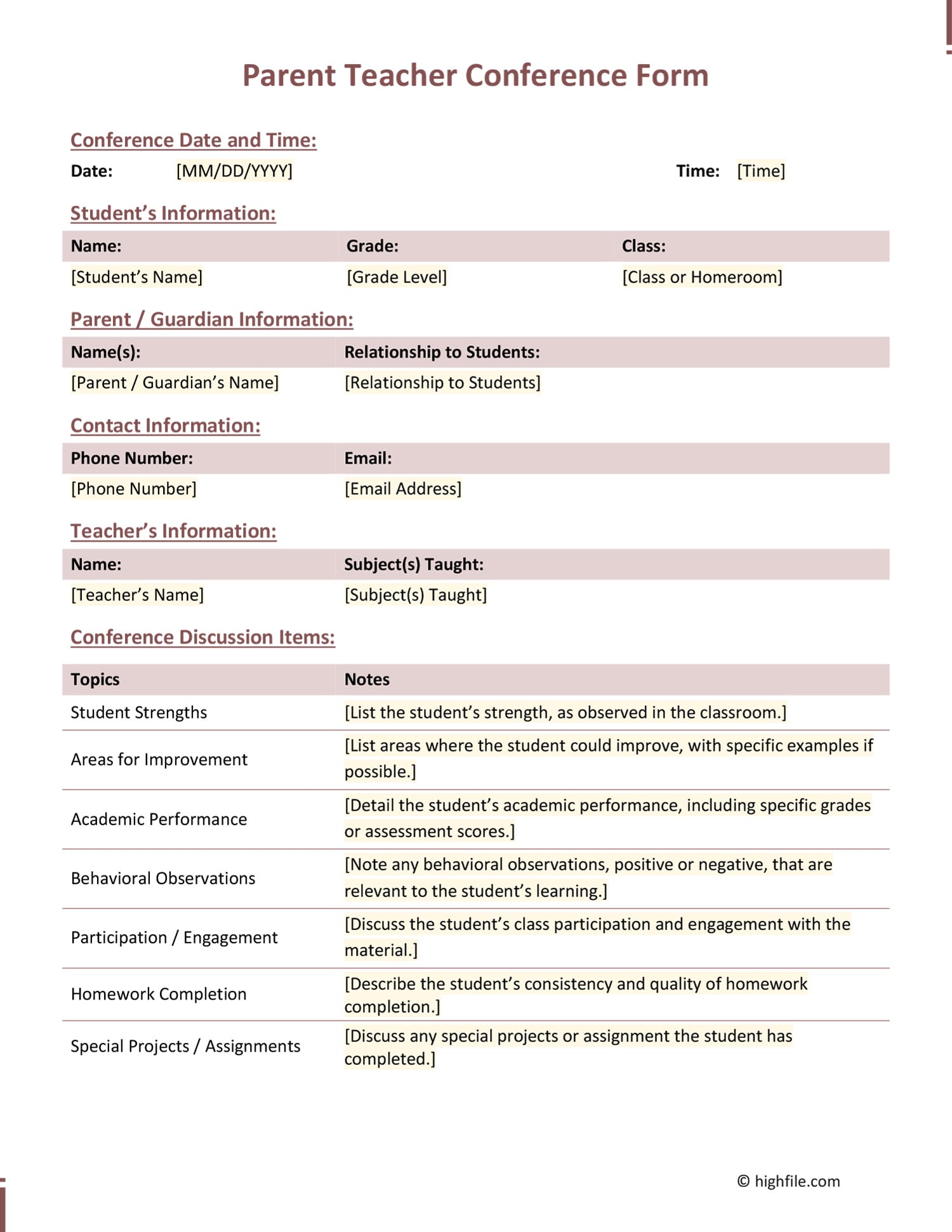 Parent Teacher Conference Form - Word | PDF | Google Docs - Highfile