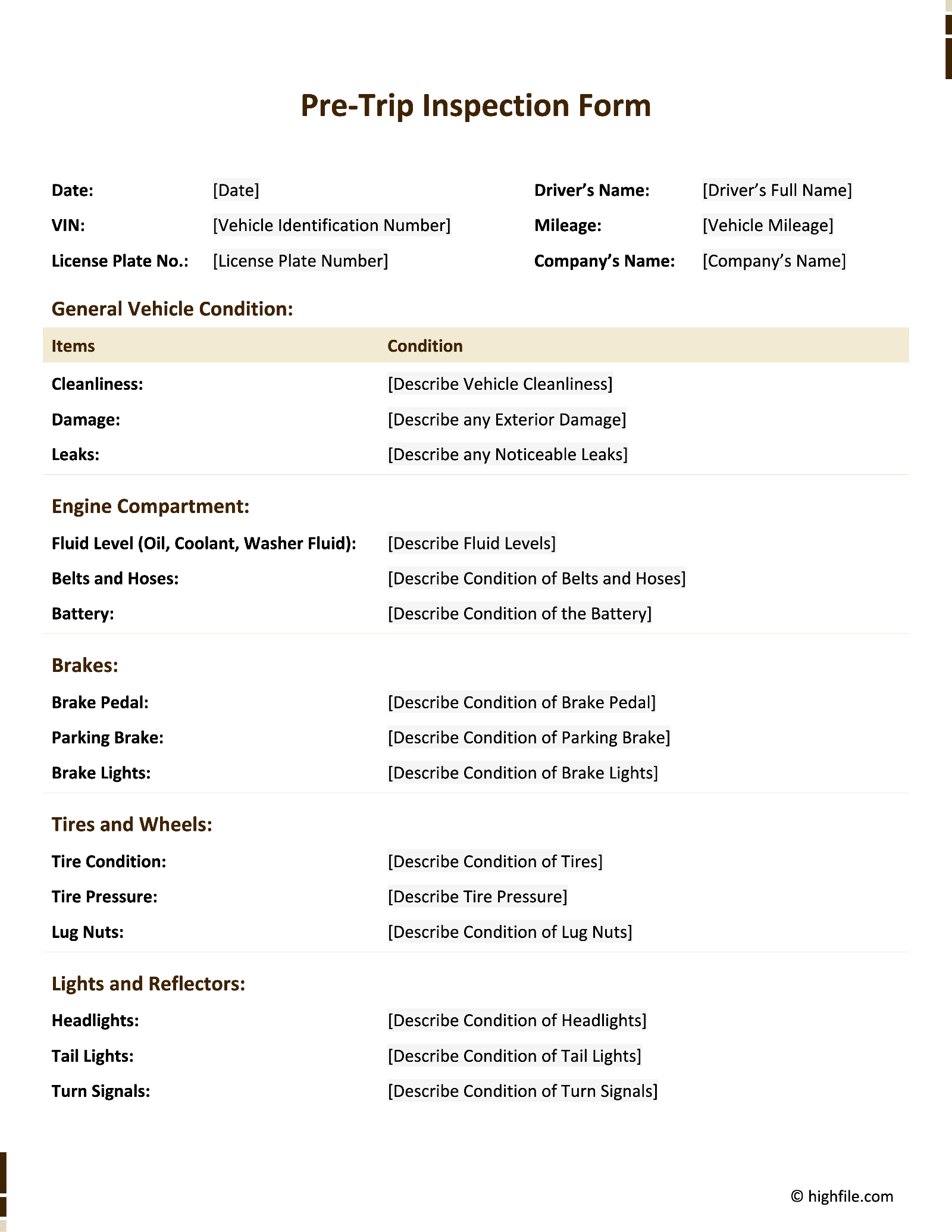 Pre-Trip Inspection Form - Word | PDF | Google Docs - Highfile