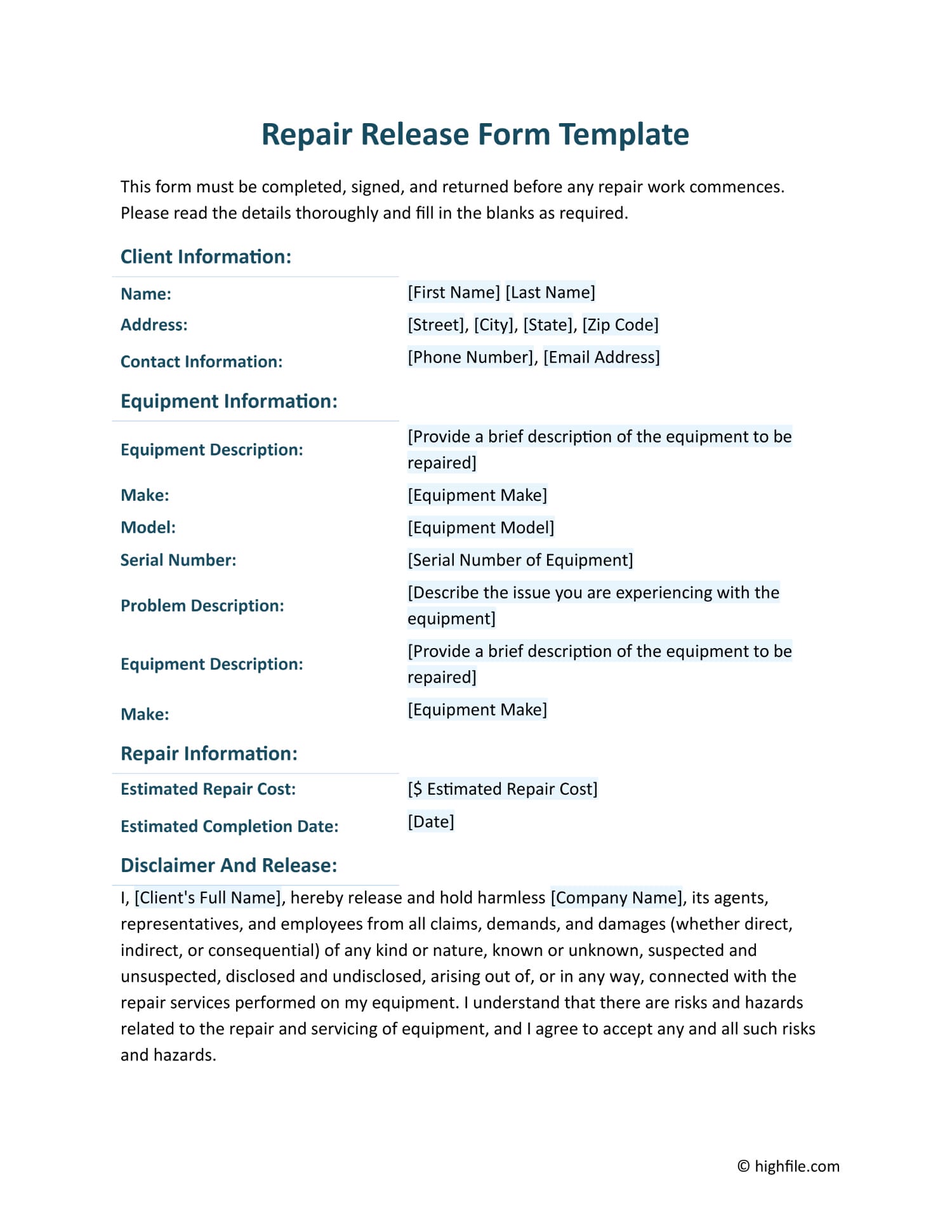 Repair Release Form Template - prntbl.concejomunicipaldechinu.gov.co