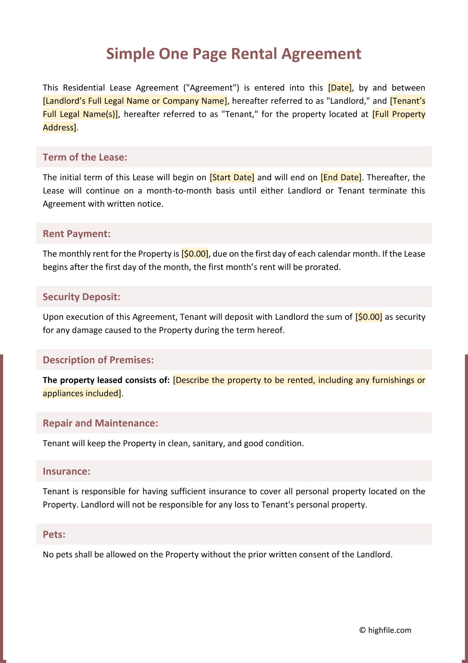 Simple One Page Rental Agreement - Word | PDF | Google Docs - Highfile