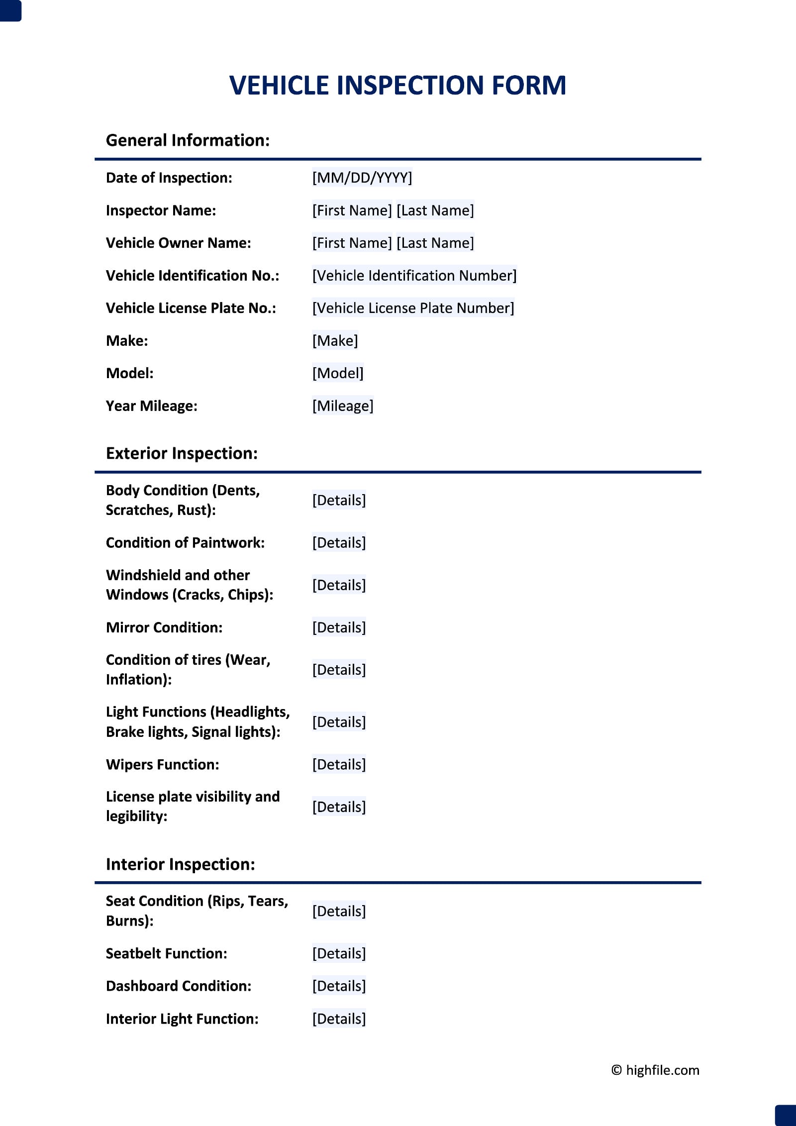 Vehicle Inspection Form Template - Word | PDF | Google Docs - Highfile