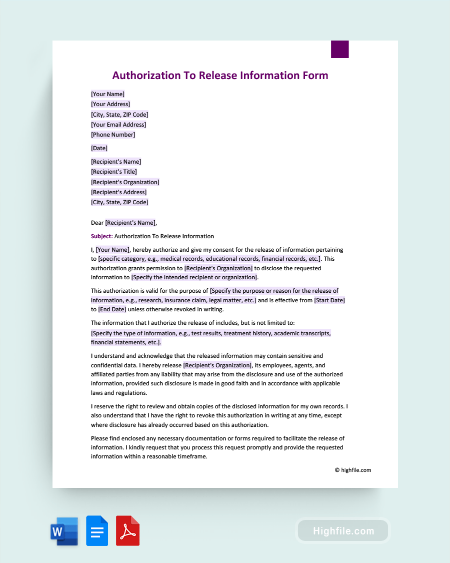 Authorization To Release Information Form Highfile authorization-to-release-information-form-highfile