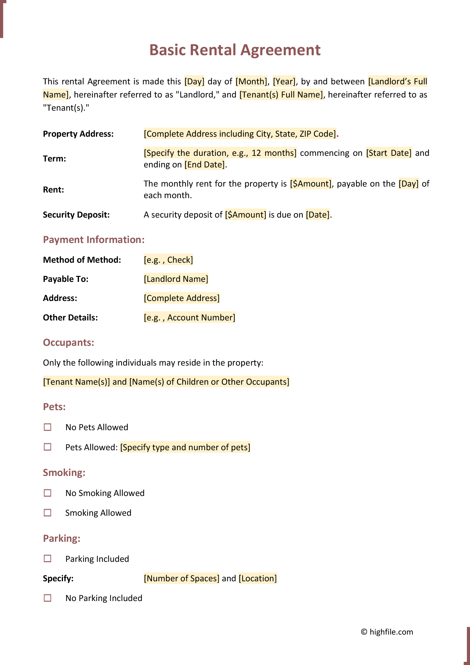 Basic Rental Agreement - Word | PDF | Google Docs - Highfile