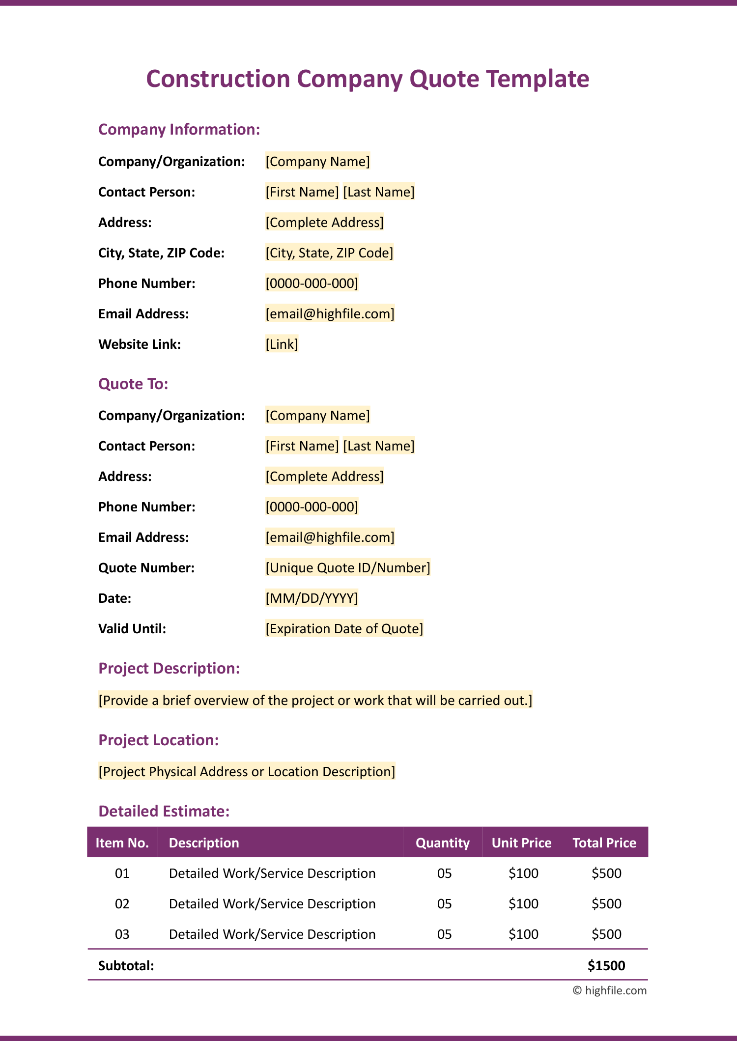 Construction Company Quote Template - Word | PDF | Google Docs - Highfile