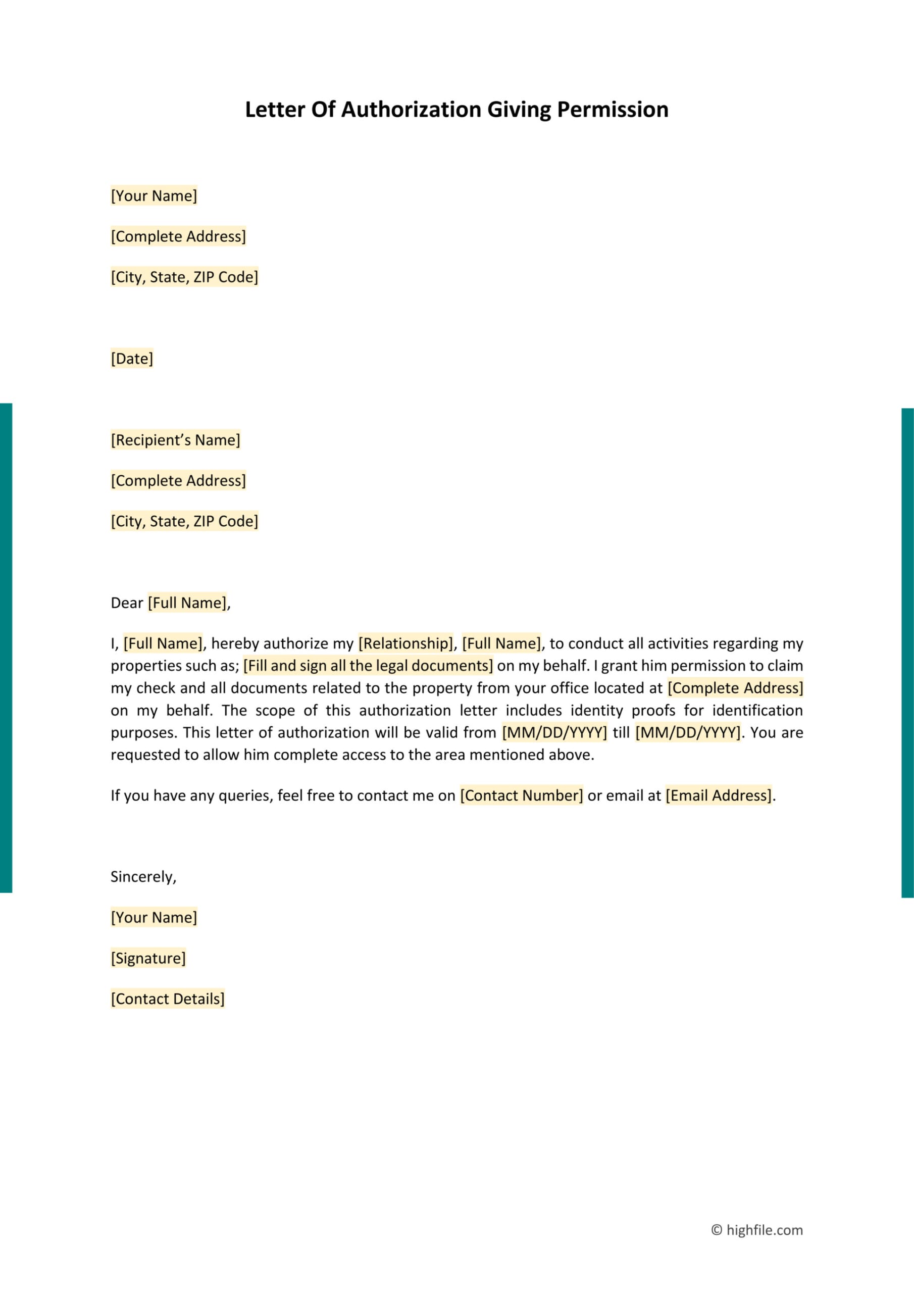 Letter of Authorization Giving Permission - Word | PDF - Highfile