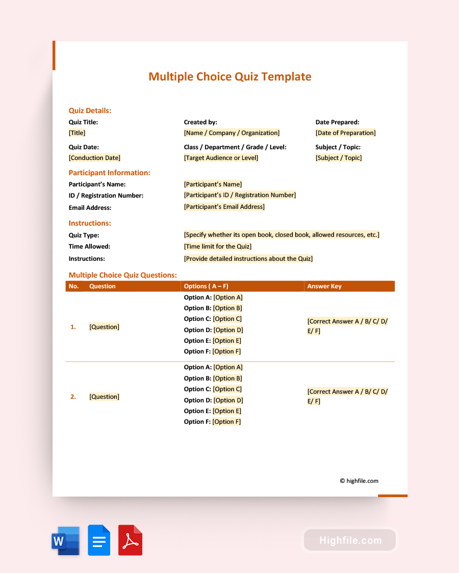 Multiple Choice Quiz Template - Word | PDF | Google Docs - Highfile Multiple Choice Quiz Template - Word | PDF | Google Docs - Highfile