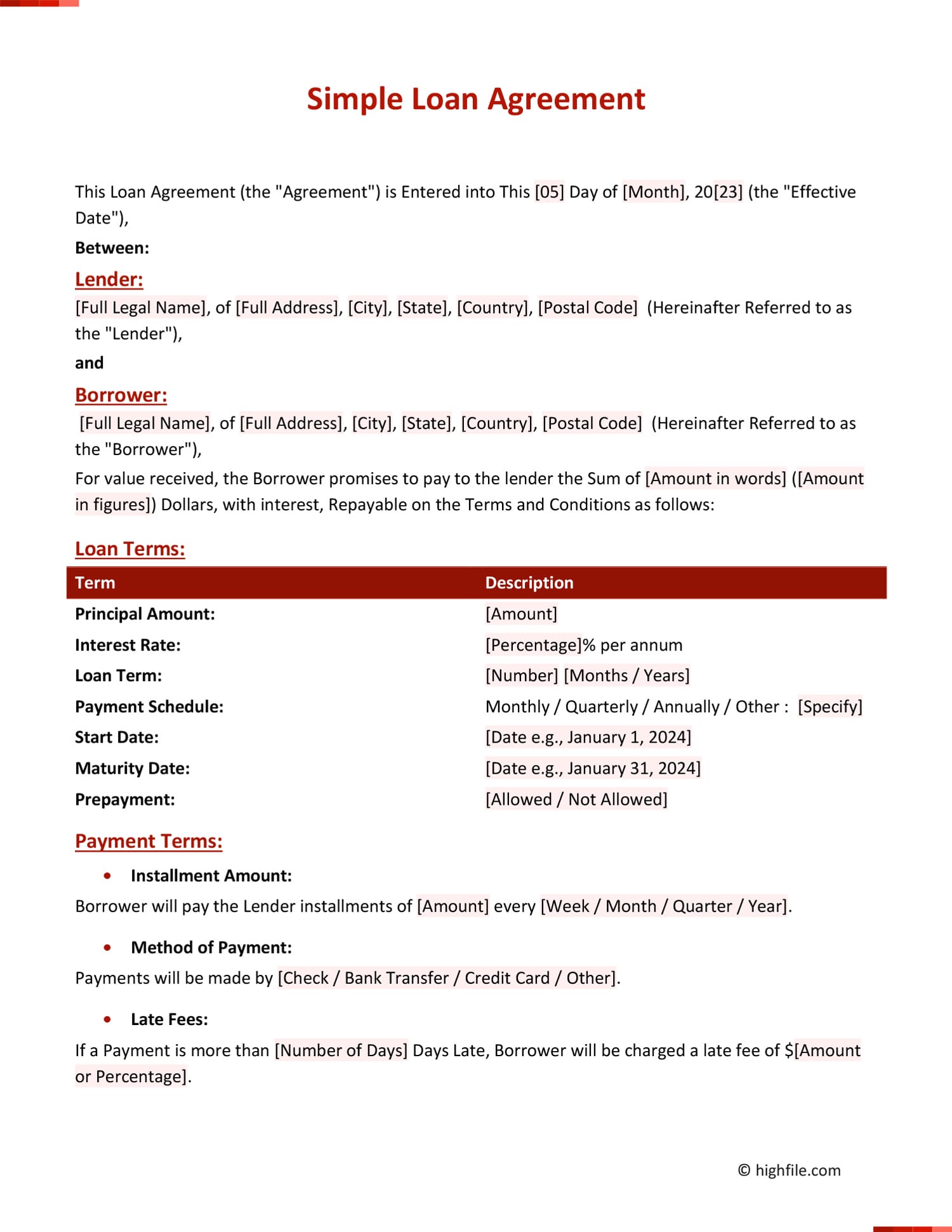 Simple Loan Agreement - Word | PDF | Google Docs - Highfile