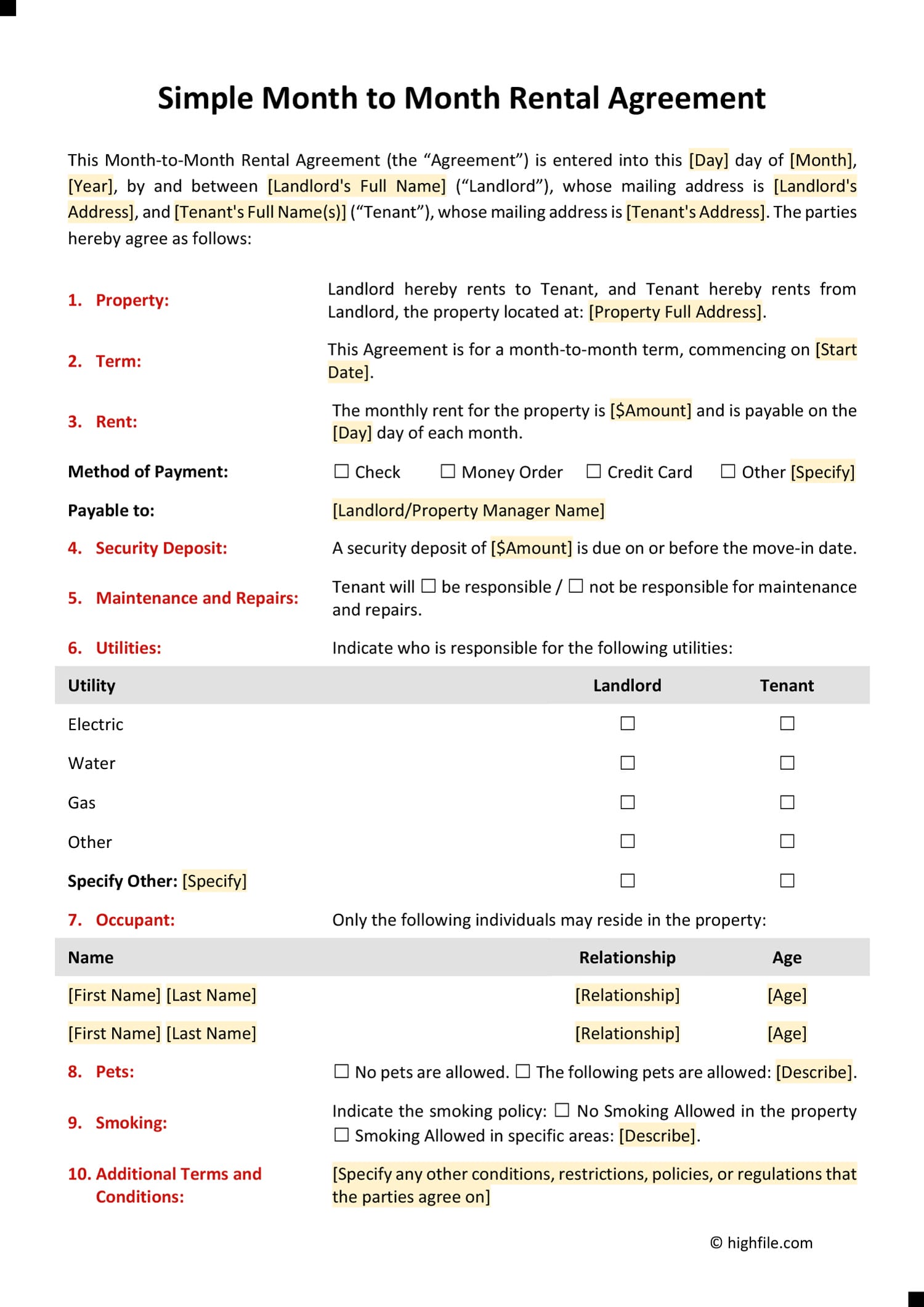 Simple Month to Month Rental Agreement - Word | PDF | Google Docs ...
