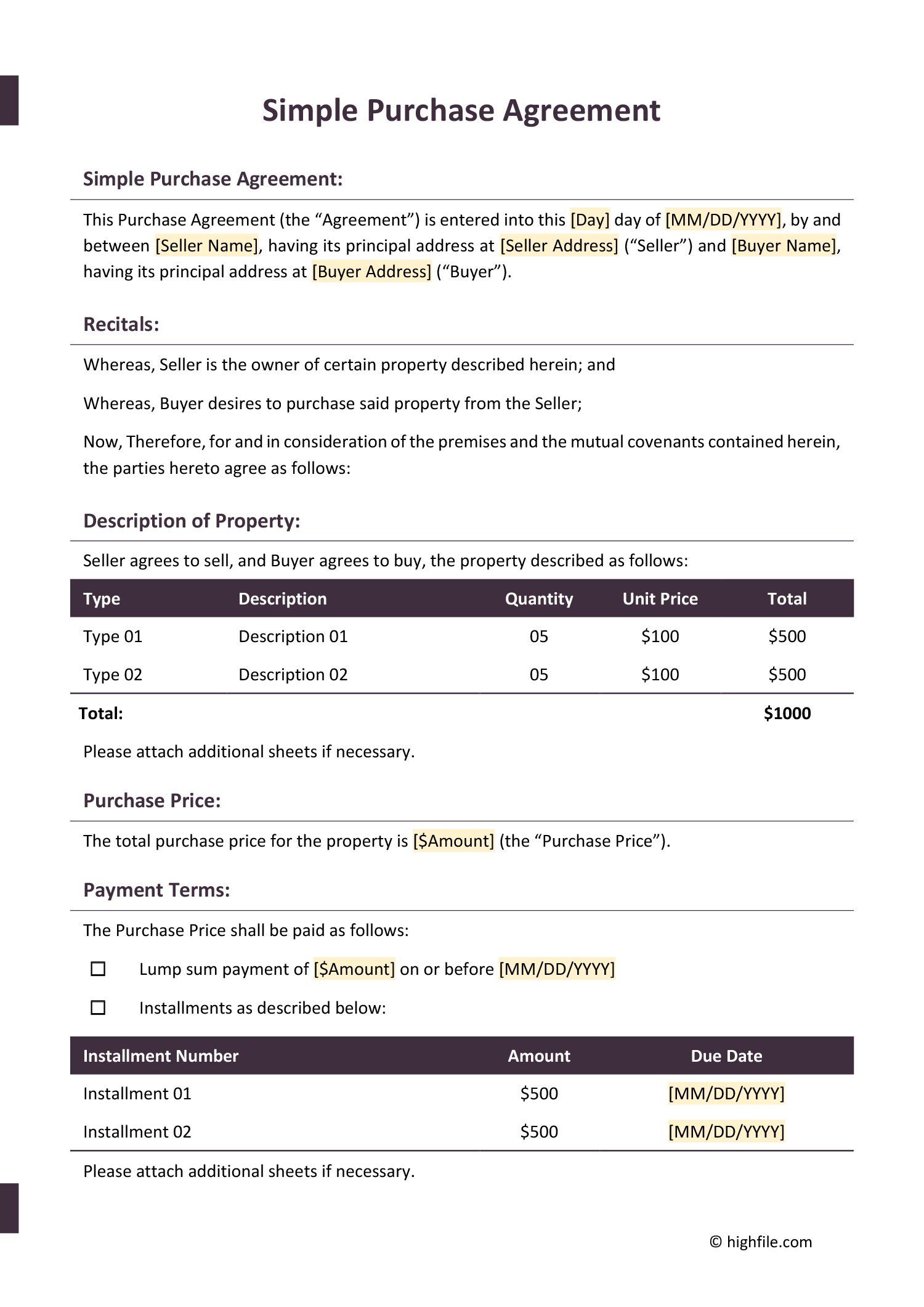 Simple Purchase Agreement - Word | PDF | Google Docs - Highfile