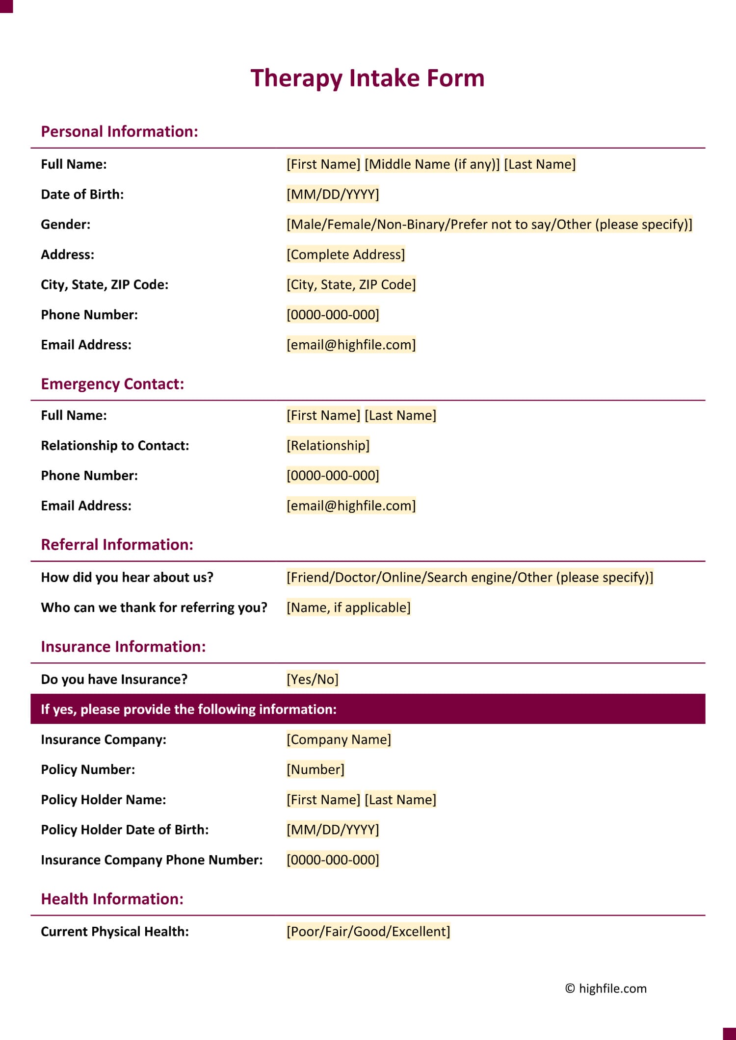 Therapy Intake Form - Word | PDF | Google Docs - Highfile