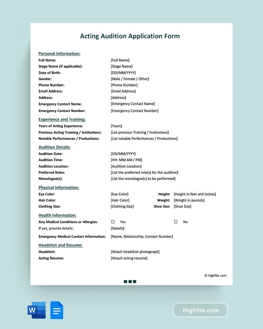 Audition Form for Acting - Word | Google Docs - Highfile Audition Form for Acting - Word | Google Docs - Highfile