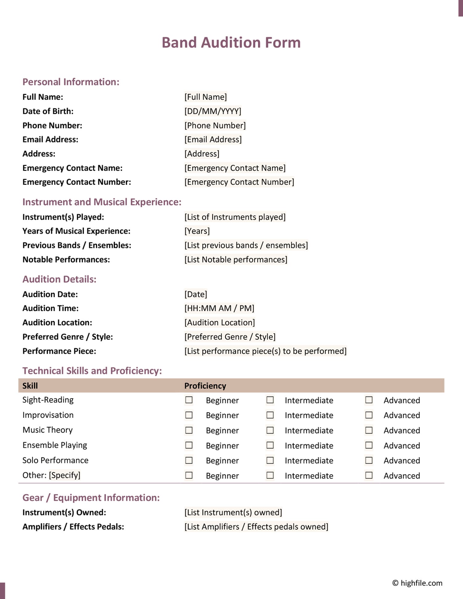 Acting Audition Application Form - Word | Google Docs - Highfile