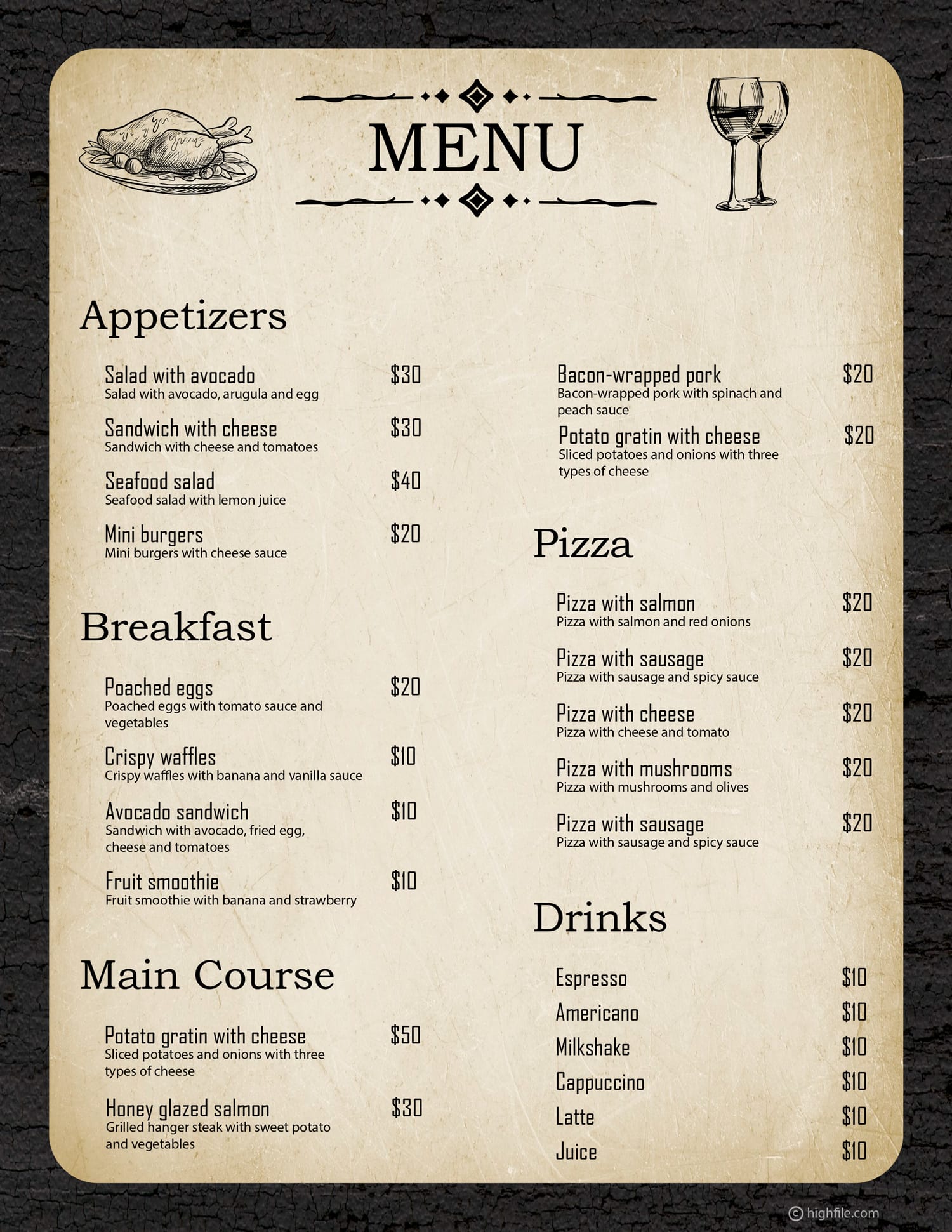 Black Restaurant Menu Template - Word | Google Docs | Adobe Illustrator ...