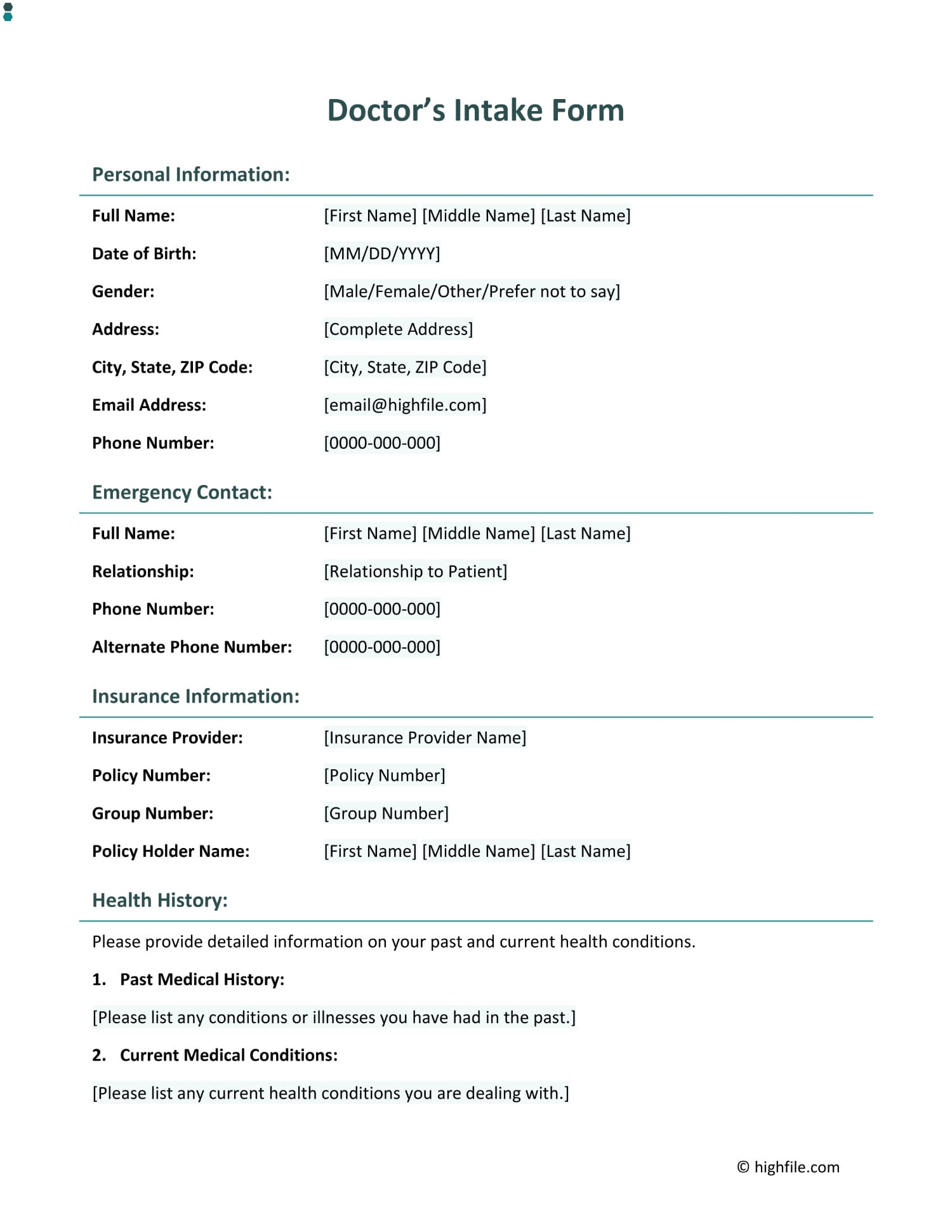 Doctor's Intake Form - Word | Google Docs - Highfile