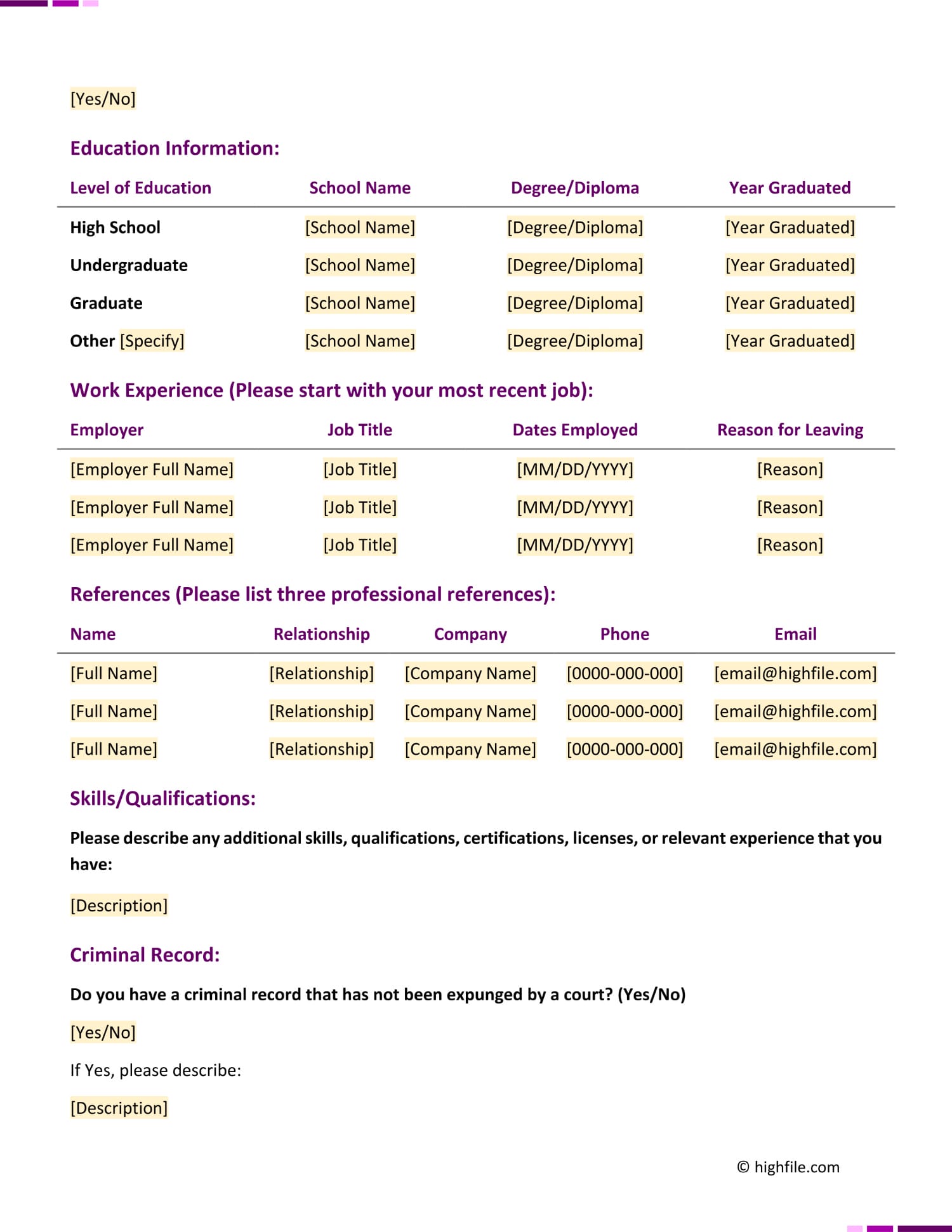 Employee Intake Form - Word | Google Docs - Highfile