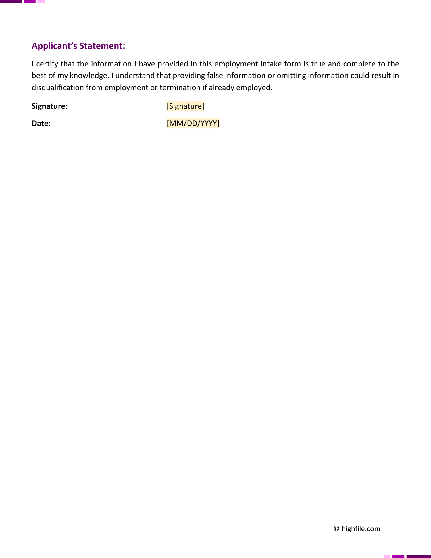 Employee Intake Form - Word | Google Docs - Highfile