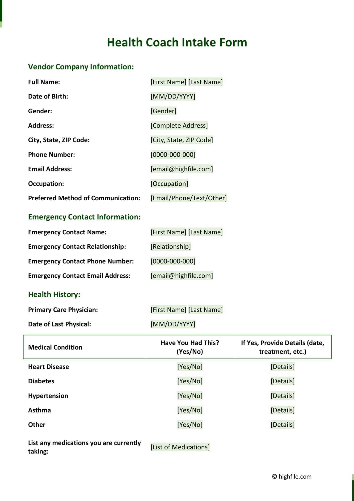 Health Coach Intake Form - Word | Google Docs - Highfile
