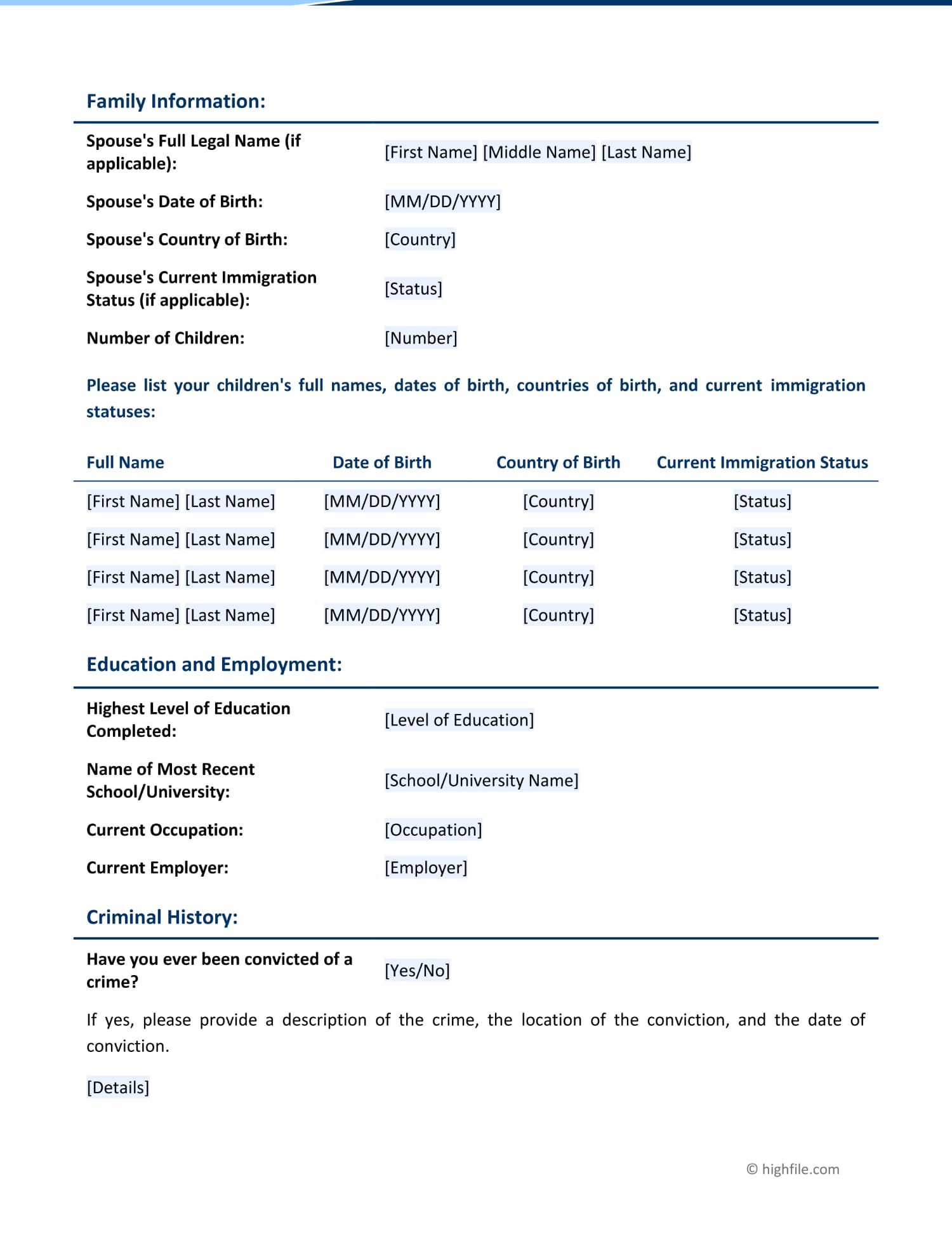 Immigration Intake Form - Word | Google Docs - Highfile
