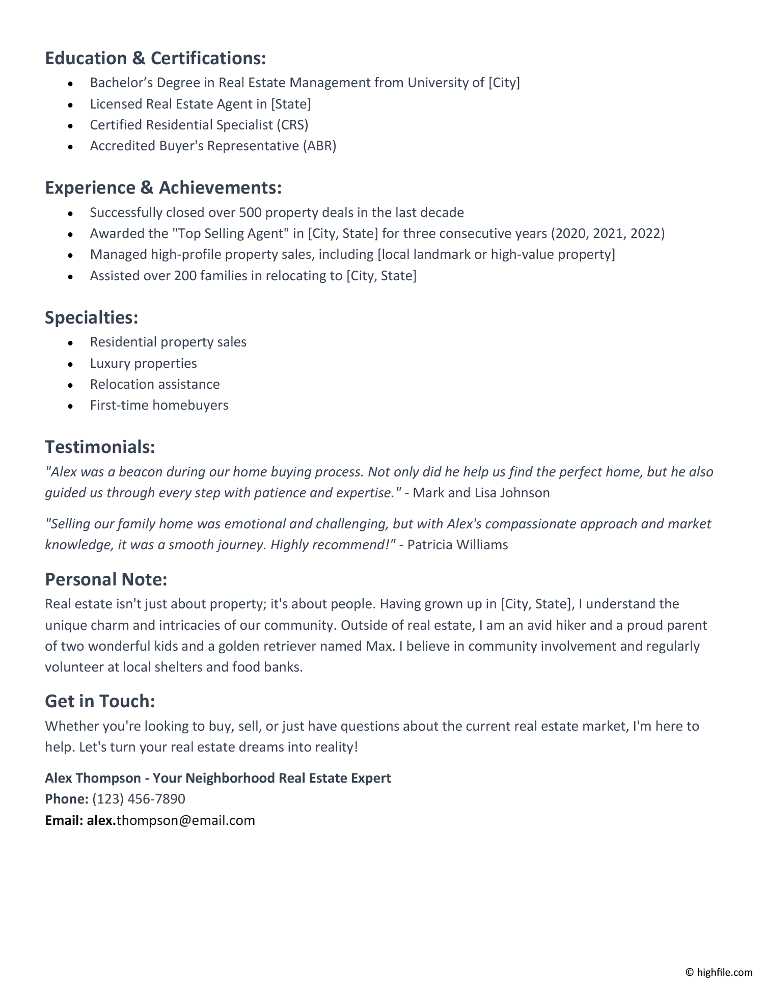 Real Estate Agent Bio Template - Word | Google Docs - Highfile