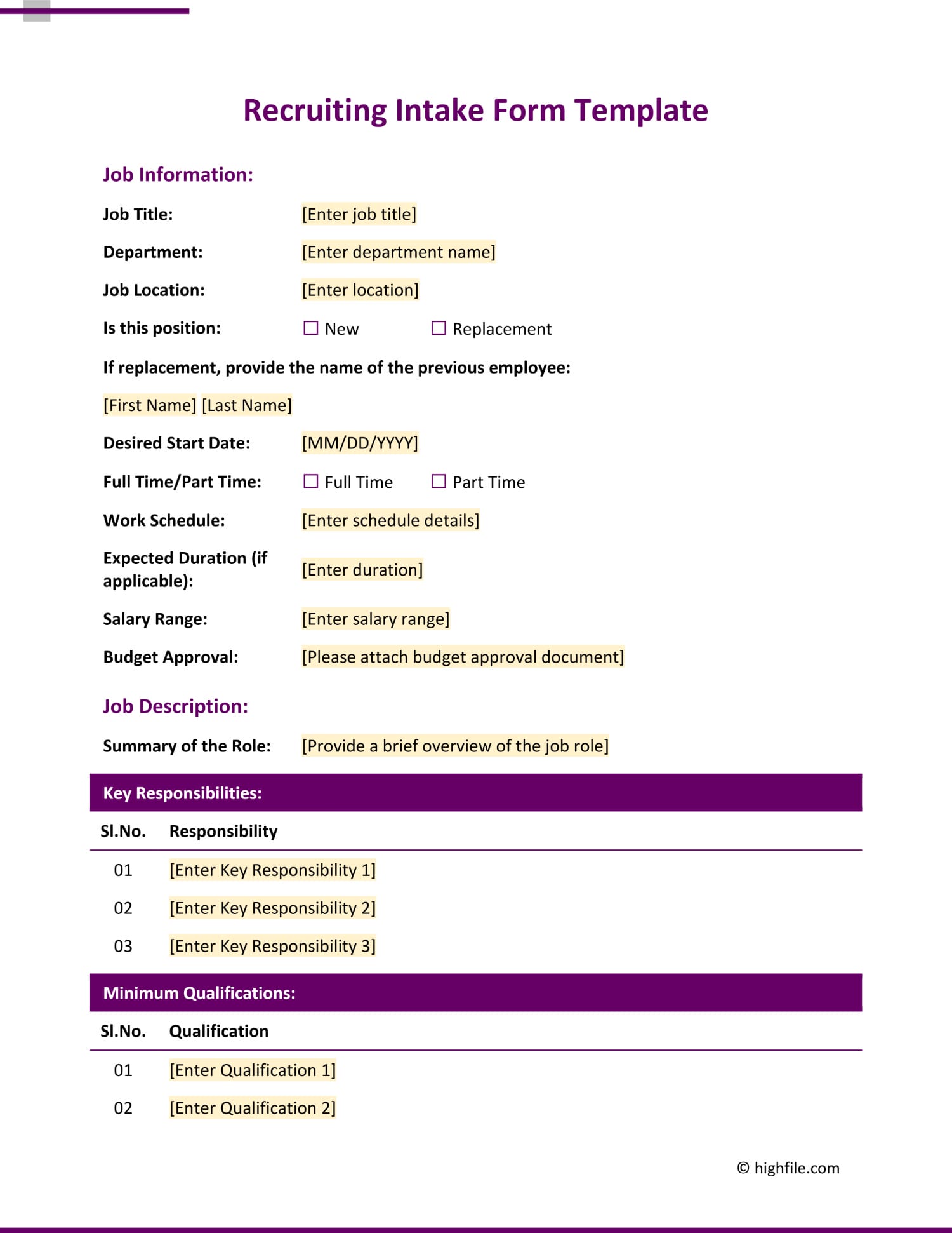 Recruiting Intake Form Template - Word | Google Docs - Highfile