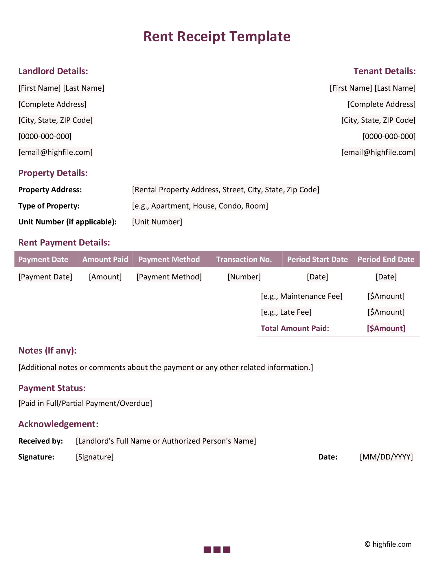 Free Editable Rent Receipt Templates - Highfile