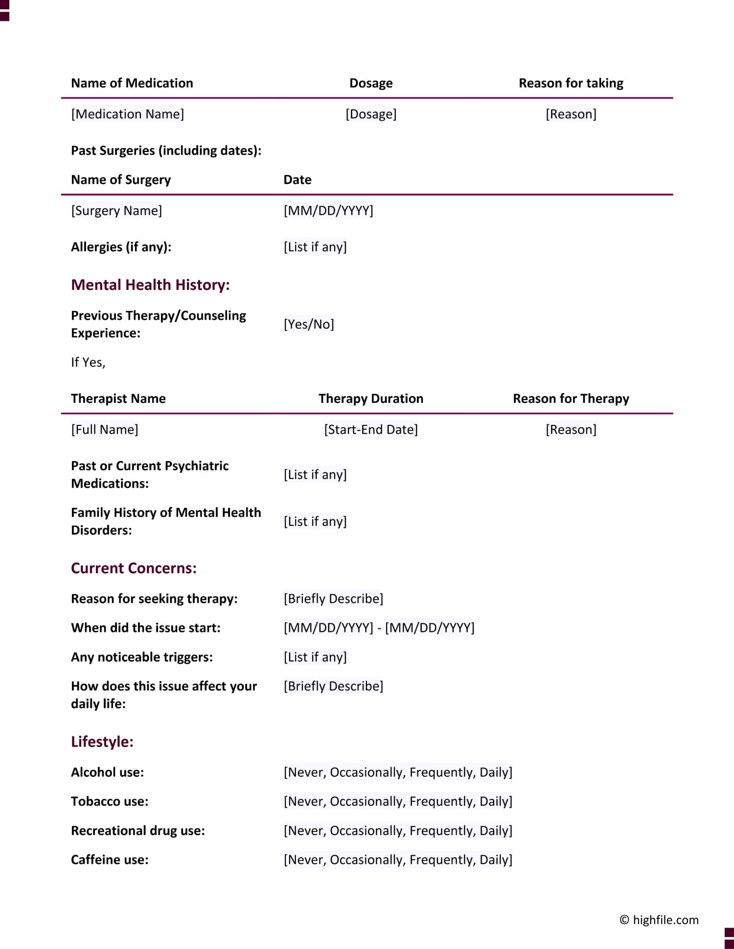 Therapy Intake Form Template - Word | Google Docs - Highfile