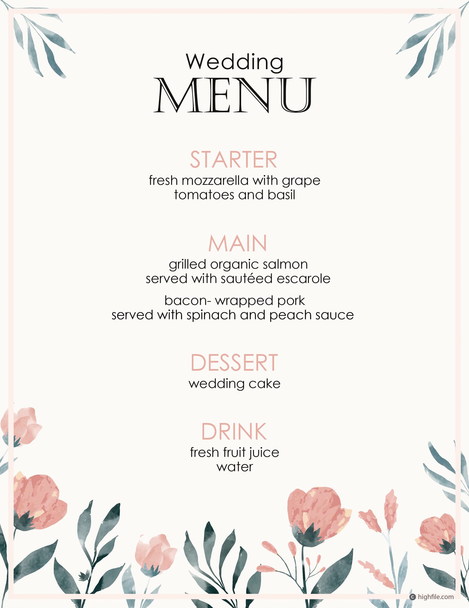 Wedding Dinner Menu Template - Word | Google Docs | Adobe Illustrator ...